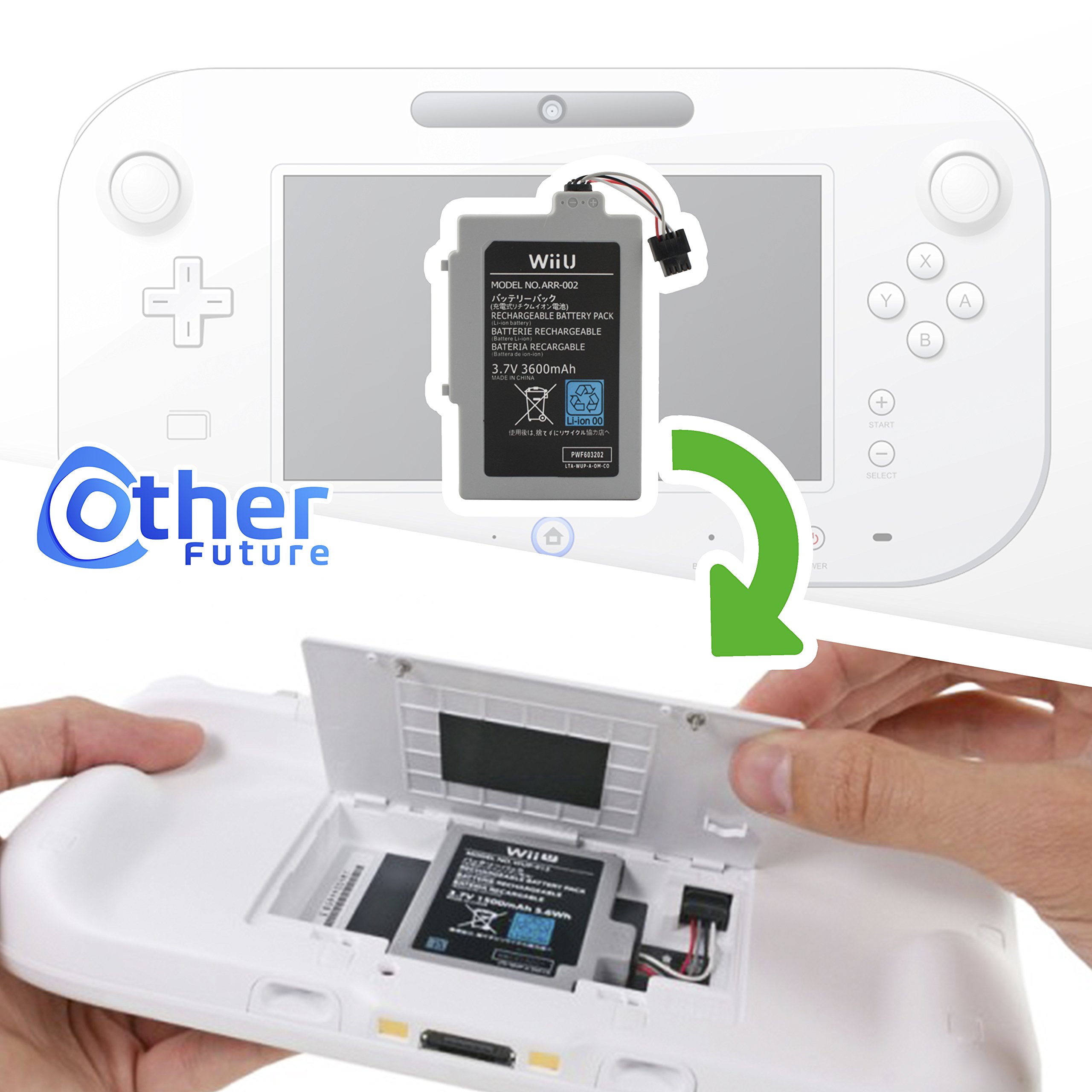 Other Future Wii U Gamepad Battery Pack 3600 mAh Aftermarket Rechargeable Replacement