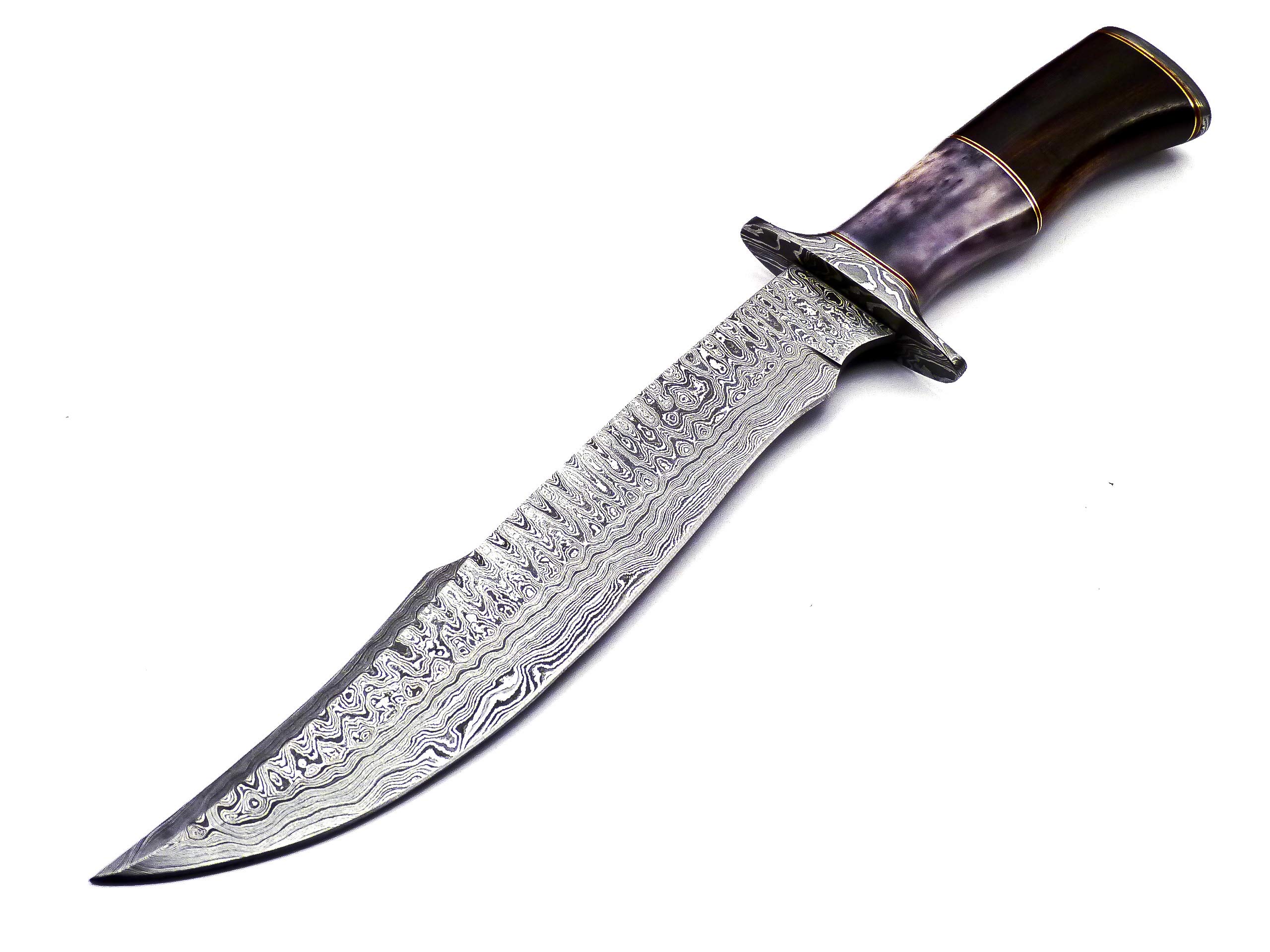 Nooraki BK-42 Handmade Damascus Steel Fixed Blade Bowie Knife with Leather Sheath, Full Tang Multipurpose Knife with Solid Marindi Wood and Bull Horn Bone Handle for Outdoor Use, 15", B/White