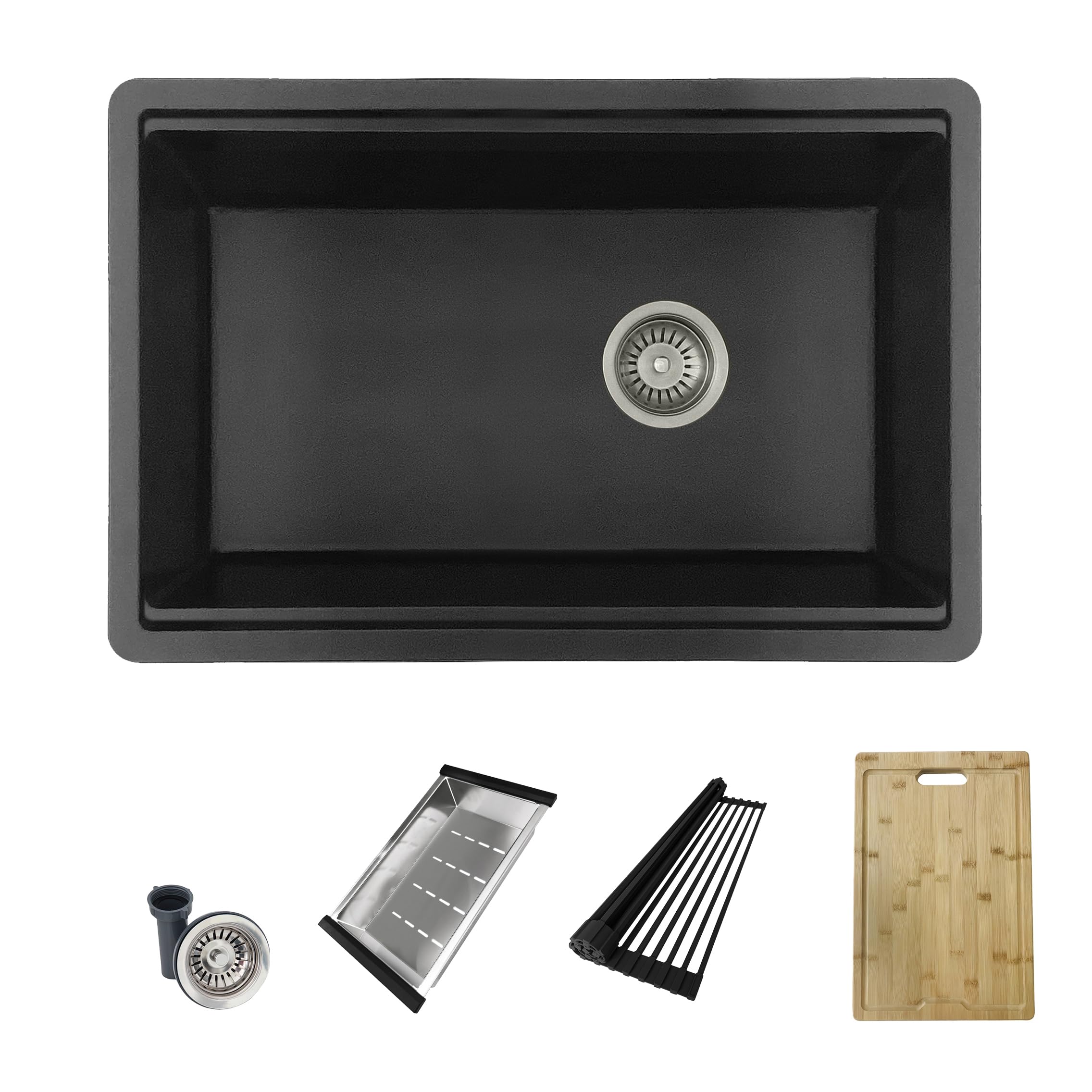 STYLISH 28 x 18 inch Workstation Dual Mount Granite Composite Single Bowl Reversible Kitchen Sink with Regular Strainer, Colander, Drying Rack and Cutting Board (Black) S-828WN