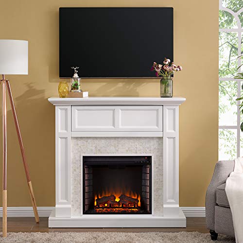 SEI Furniture Nobleman Mother of Pearl Tiled Electric Hidden Media Shelf Fireplace, White