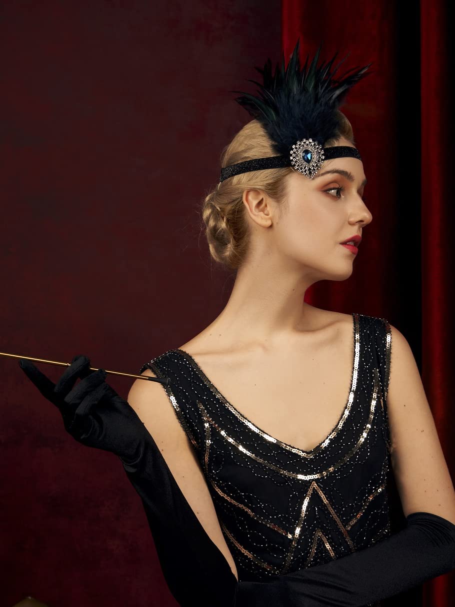 SWEETV Flapper Headband 1920s Headpiece Rhinestone Feather Hair Band Great Gatsby Headpiece for Women,Wine Red