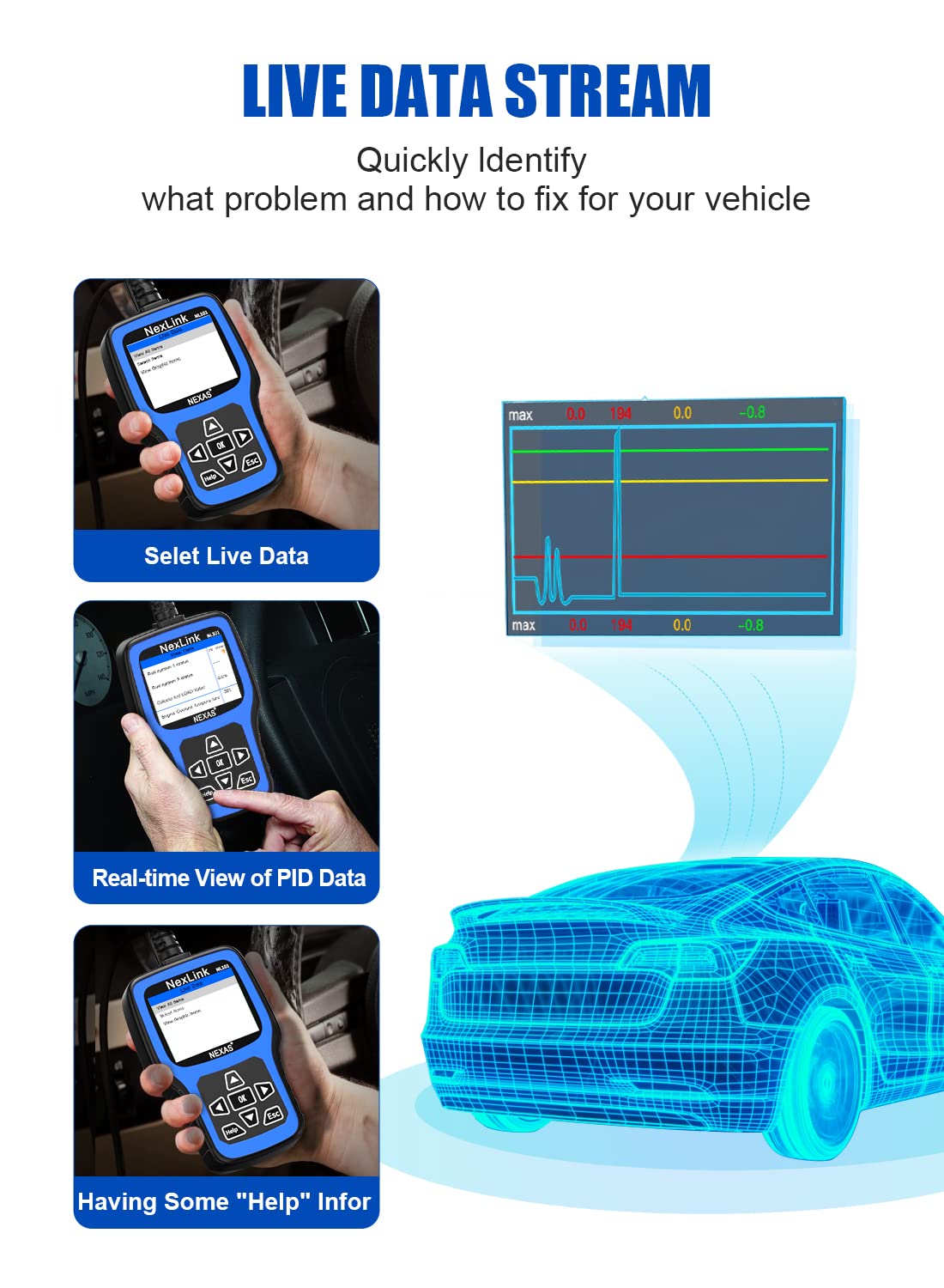 NEXAS NL101 OBD2 Scanner Diagnostic Tool & Battery Tester, Check Car Engine Light Code Reader Scan Tool with Full OBDII Function Live Data Stream for All Vehicles, Free Protective Case & Update