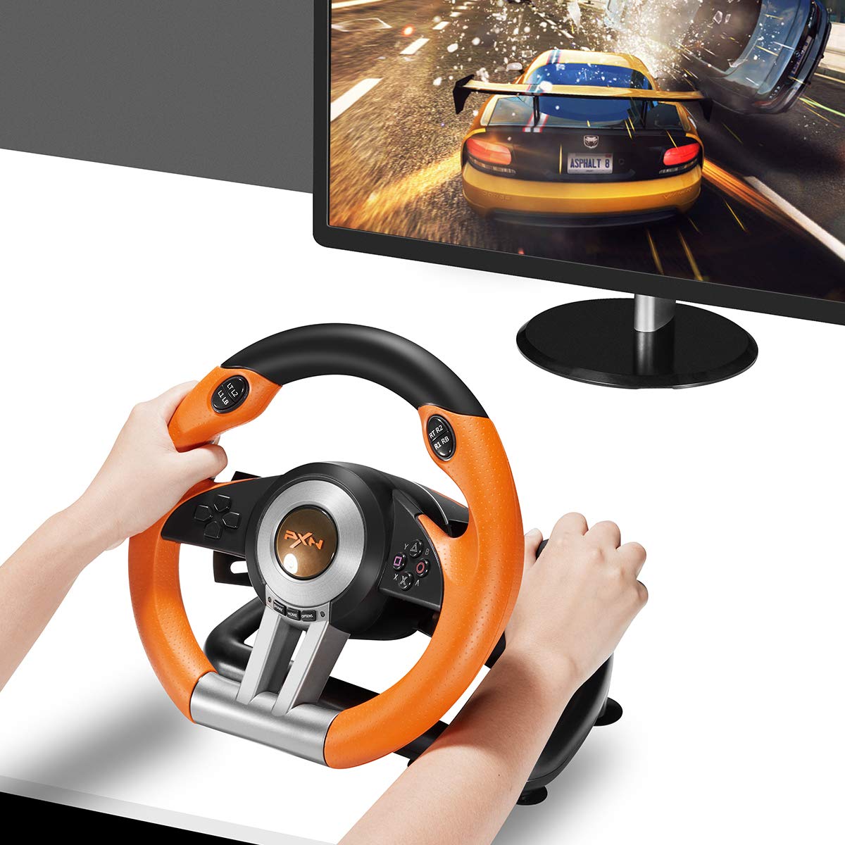 PXN V3IIBK PC Racing Wheel Game Steering Wheel, Used - Like New Driving Wheel Volante PC 180 Degree Racing with Pedal for Windows PC, PS3, PS4(orange02)