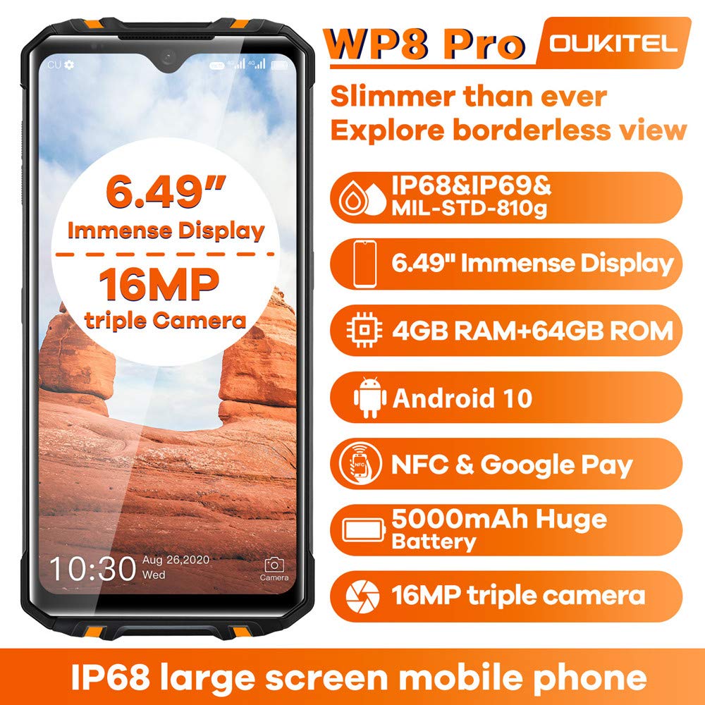 OUKITEL-WP8-Pro Smartphone Fingerprint Rugged Phones - 6.49”Display, 4/64GB Dual SIM IP68 Waterproof Unlocked Cell Phones, 16MP Triple Camera Face ID GPS NFC,US Version,AT&T,Orange