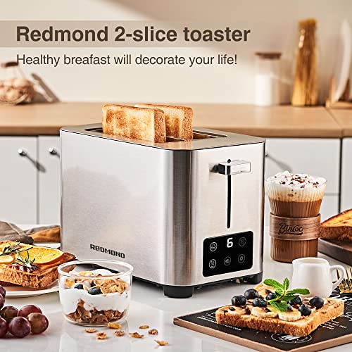 Toaster 2 Slice Extra-Wide 1.57β Slots, REDMOND Stainless Steel Toaster with LED Display, 6 Bread Shade Settings, Defrost/Bagel/Reheat/Cancel Functions and Removable Crumb Tray - 2 Slice