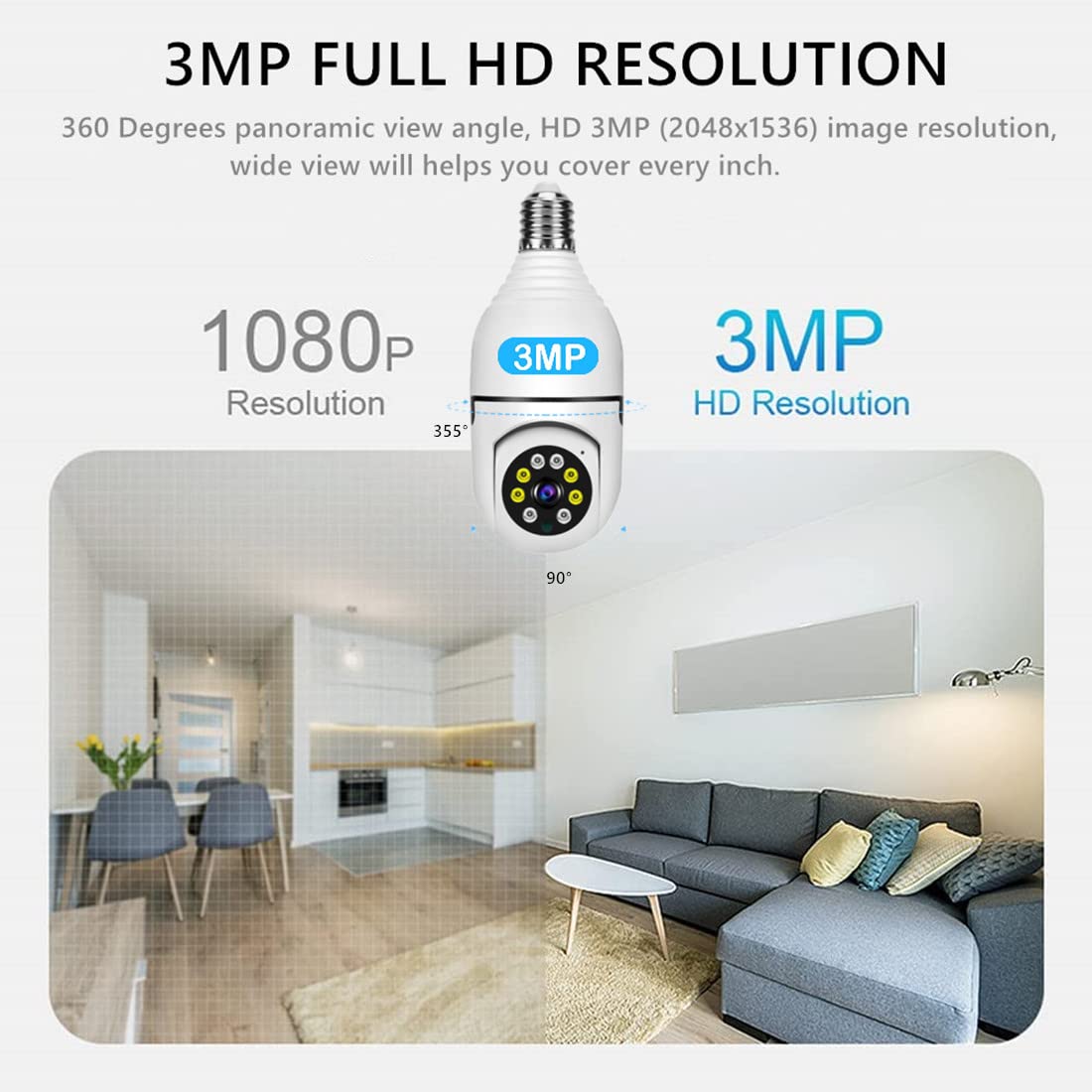 Nexete Wi-Fi Light Bulb Camera, HD 2K 3.0MP Cam 360 Degrees Panoramic Cam 2.4GHz Wi-Fi Security Camera, Home Wireless IP LED Camera with Floodlight/Night Vision/Alarm/Auto Tracking Motion Detection