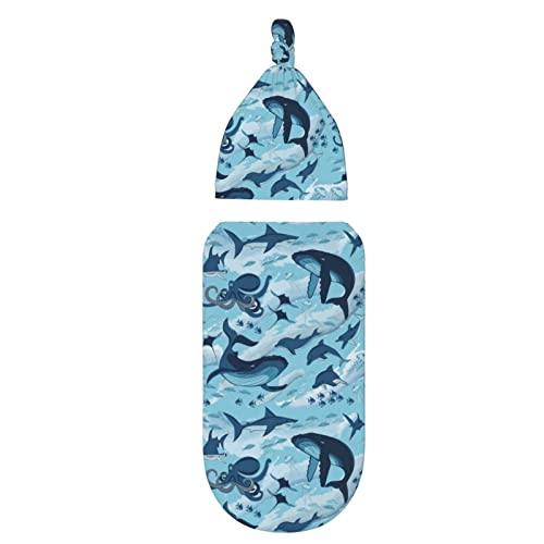 Sea Waves Dolphins Sharks Whale Octopus Newborn Swaddle Blankets Baby Wrap Blanket Soft with Beanie Hat Sets Gifts for Infant Boy Girl