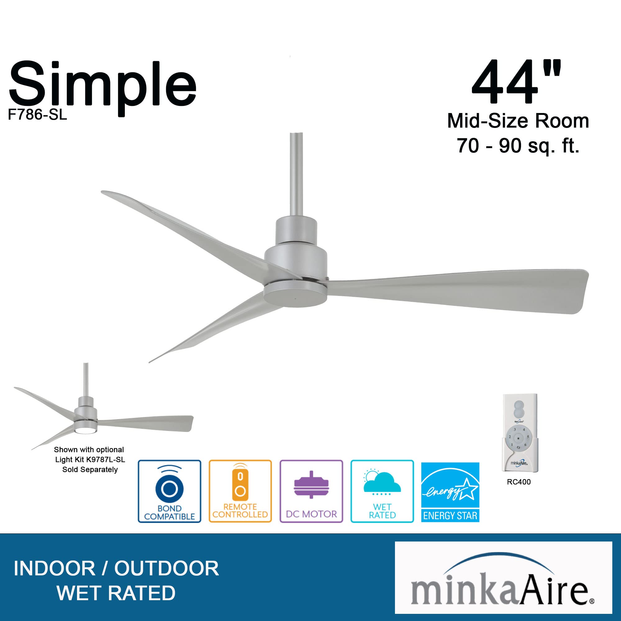 MINKA-AIRE F786-SL Simple 44 Inch Outdoor 3 Blade Ceiling Fan with DC Motor in Silver Finish