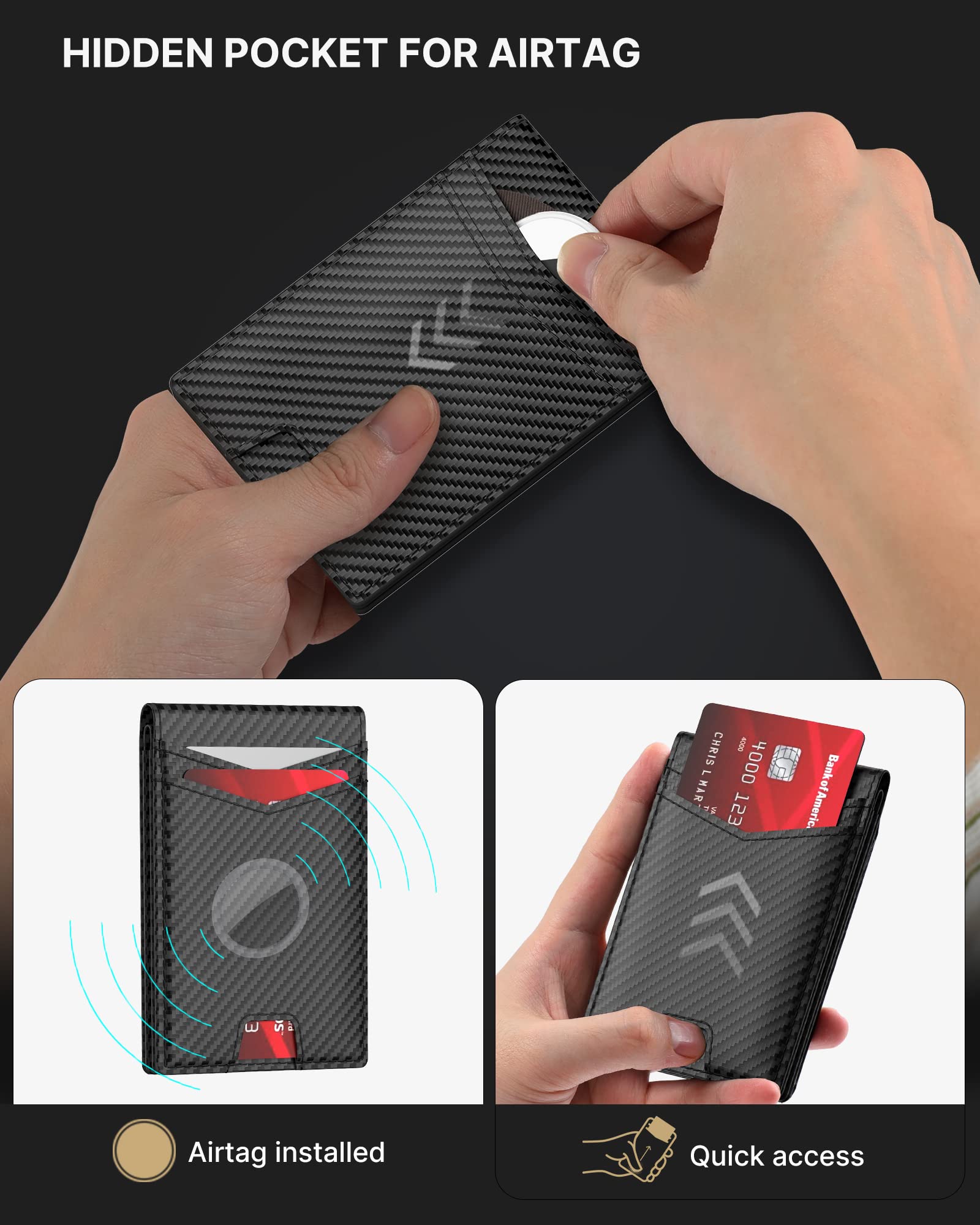 Wallet for Men with Stealth Pocket for Airtag: Leather Wallet with 3 in 1 Design, Removable ID Window, RFID Blocking, 17 Card Capacity, Slim, Carbon Fiber, Bill Divider, Front Wallet with Gift Box