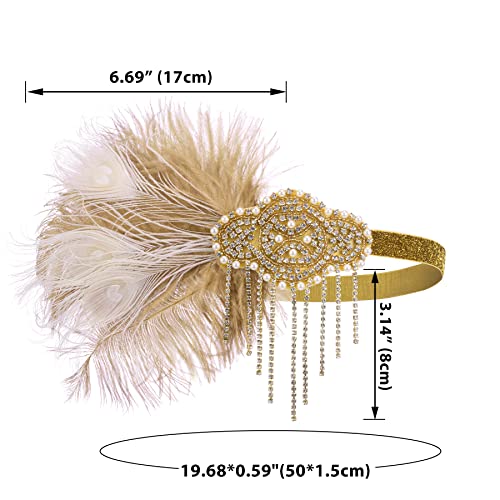 SWEETV Rhinestone Flapper Headband 1920s Headpiece, Great Gatsby Headpiece Flapper Hair Accessories for Women, Light Gold
