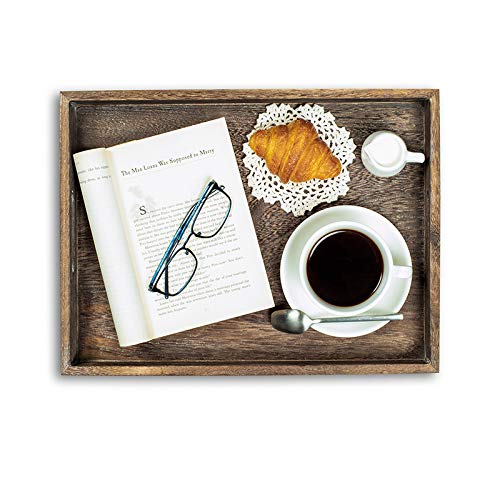 Sufandly Large Wooden Serving Tray with Handles, Rectangle Breakfast Tray 15.7 x 11.8 Inch Wood Colorā¦
