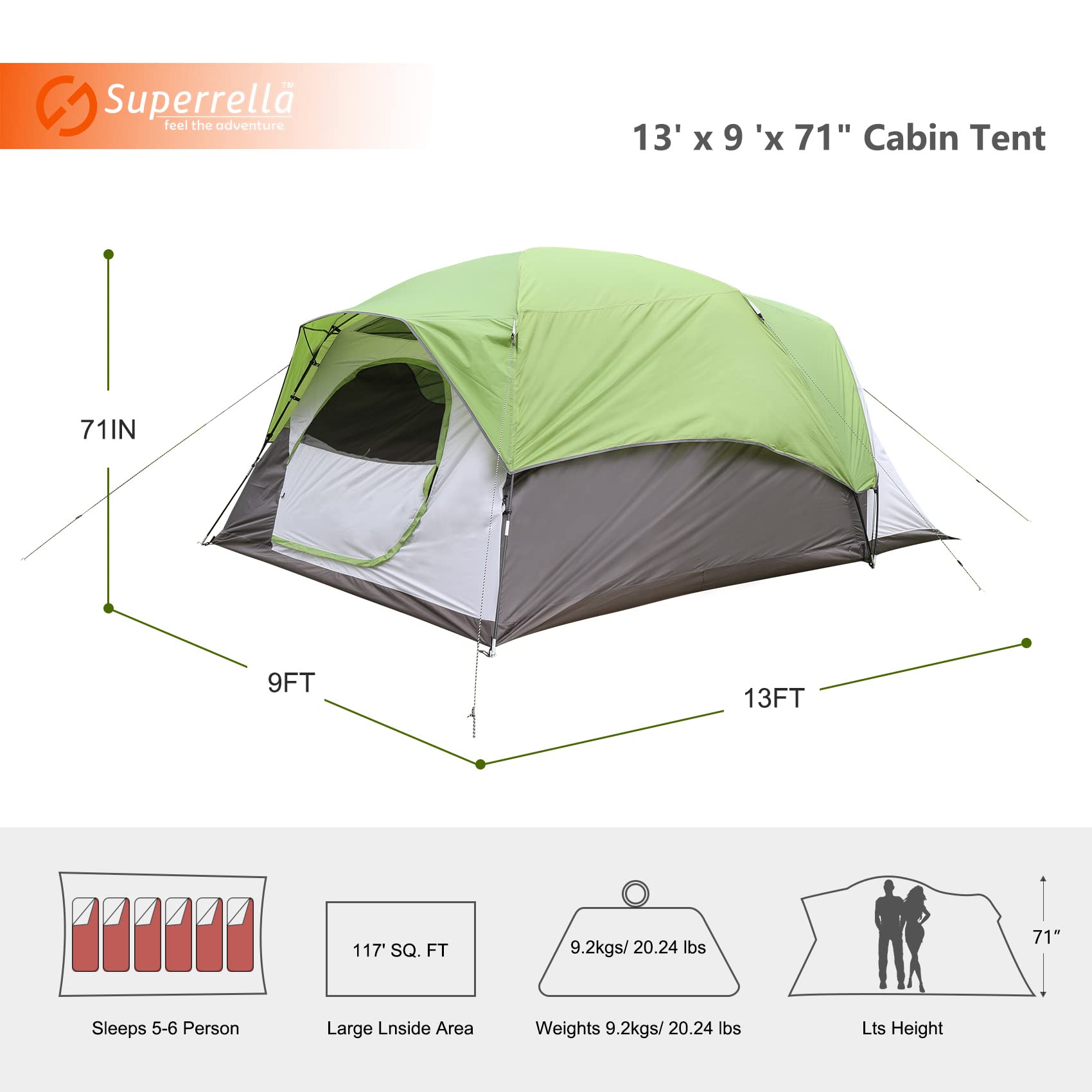 Superrella Outdoor Portable Cabin Camping Tent Double Layer for Family 5-6 Person, Orange Red