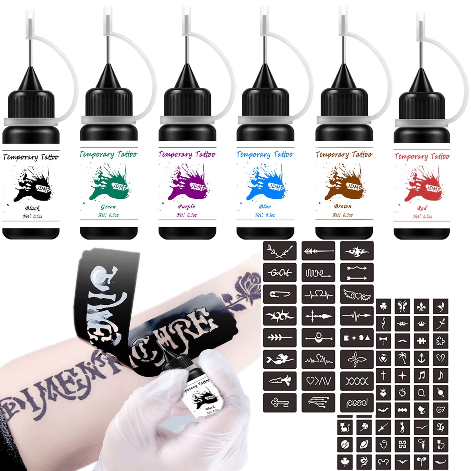 Temporary Tattoos Kit, Permanent Tattoo, 6 Bottles with 148 Pcs Adhesive Stencil for Women Kids Men Body Markers - 6 BColors (Black/Red/Blue/Green/Brown/Purple)