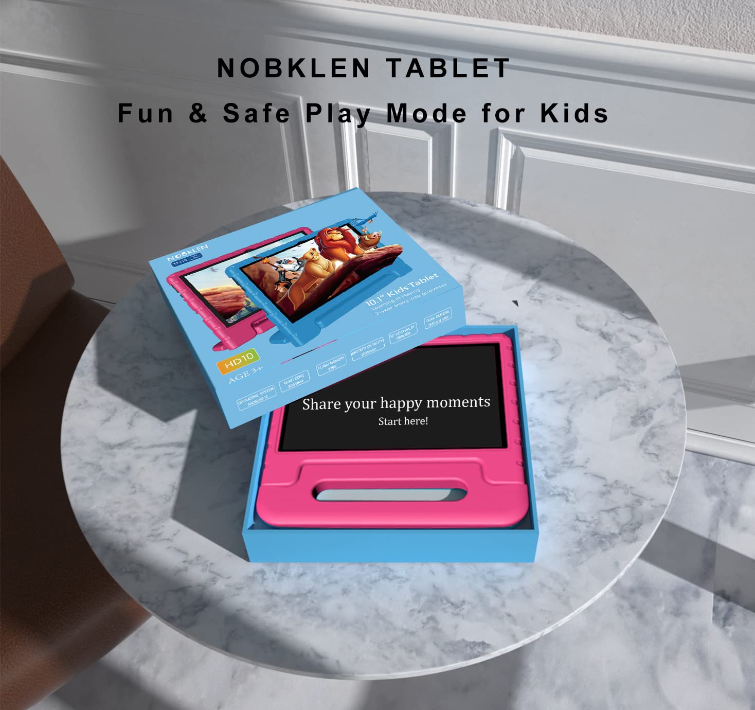 NOBKLEN Kids Tablet 10 Inch with Android 13, 4GB RAM 64GB Storage, Parental Controls, Educational Apps, Dual Camera, WiFi 6, 8000mAh Battery, Kid-Proof Case