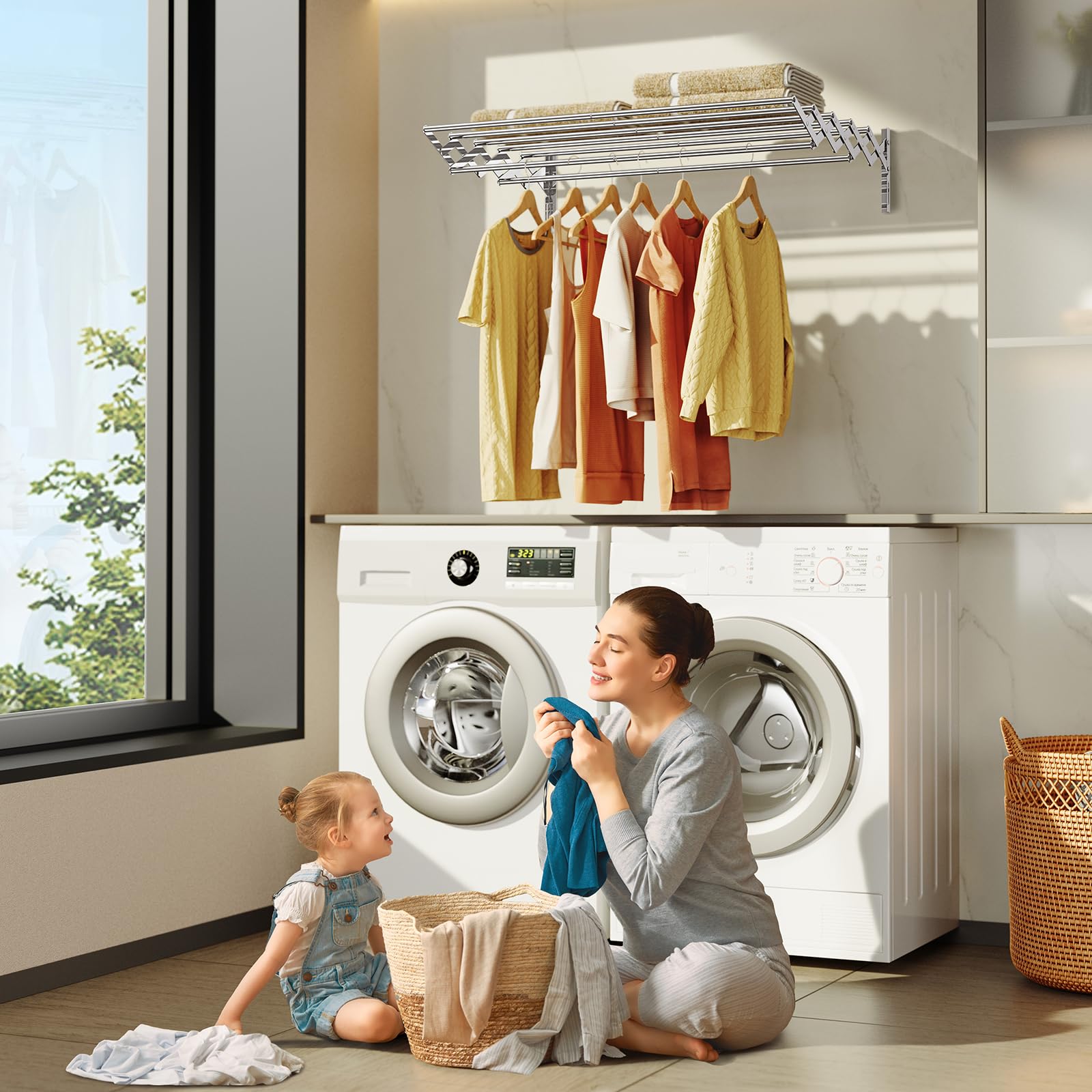 MrToNo Wall Mounted Clothes Drying Rack, Rustproof Accordion Retractable Drying Rack for Laundry Room/Bathroom Tower,Easy to Install with 7 Drying 31.5-inch Rods, 80 lbs Large Capacity