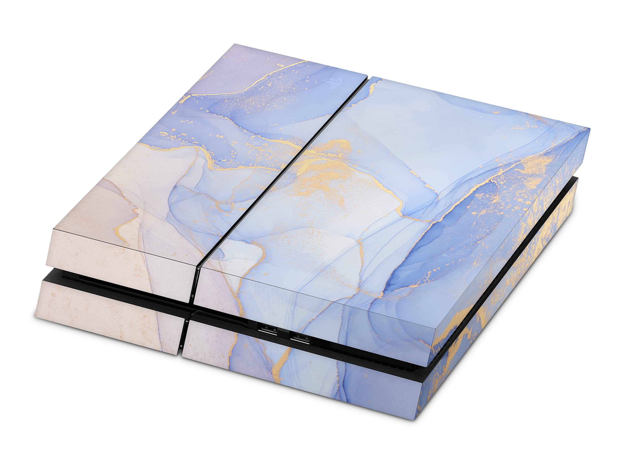 ZOOMHITSKINS Compatible with PS4 Skin, Compatible for Playstation 4, Agathe Pastel Blue White Marble Gem Granit Planet Cute Gold, 1 PS4 Console Skin, Easy to Install, 3M Vinyl Decal, Made in The USA