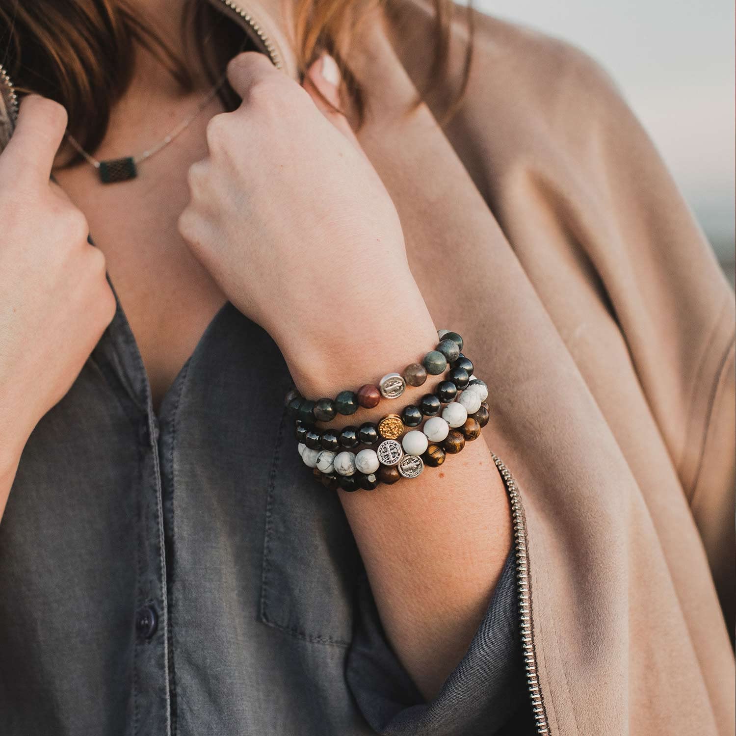 My Saint My Hero Luck Power Bracelet - Mixed Agate Gemstones with Silver-Tone Medal