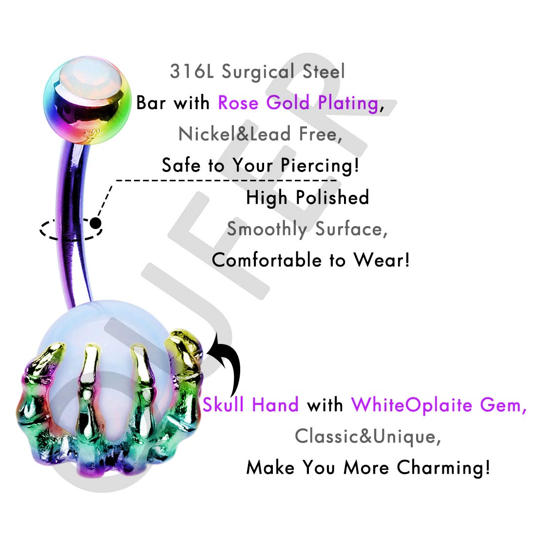OUFER 14G Stainless Steel Navel Rings Skull Hand with Gem Ball Belly Button Rings Belly Rings Body Piercing