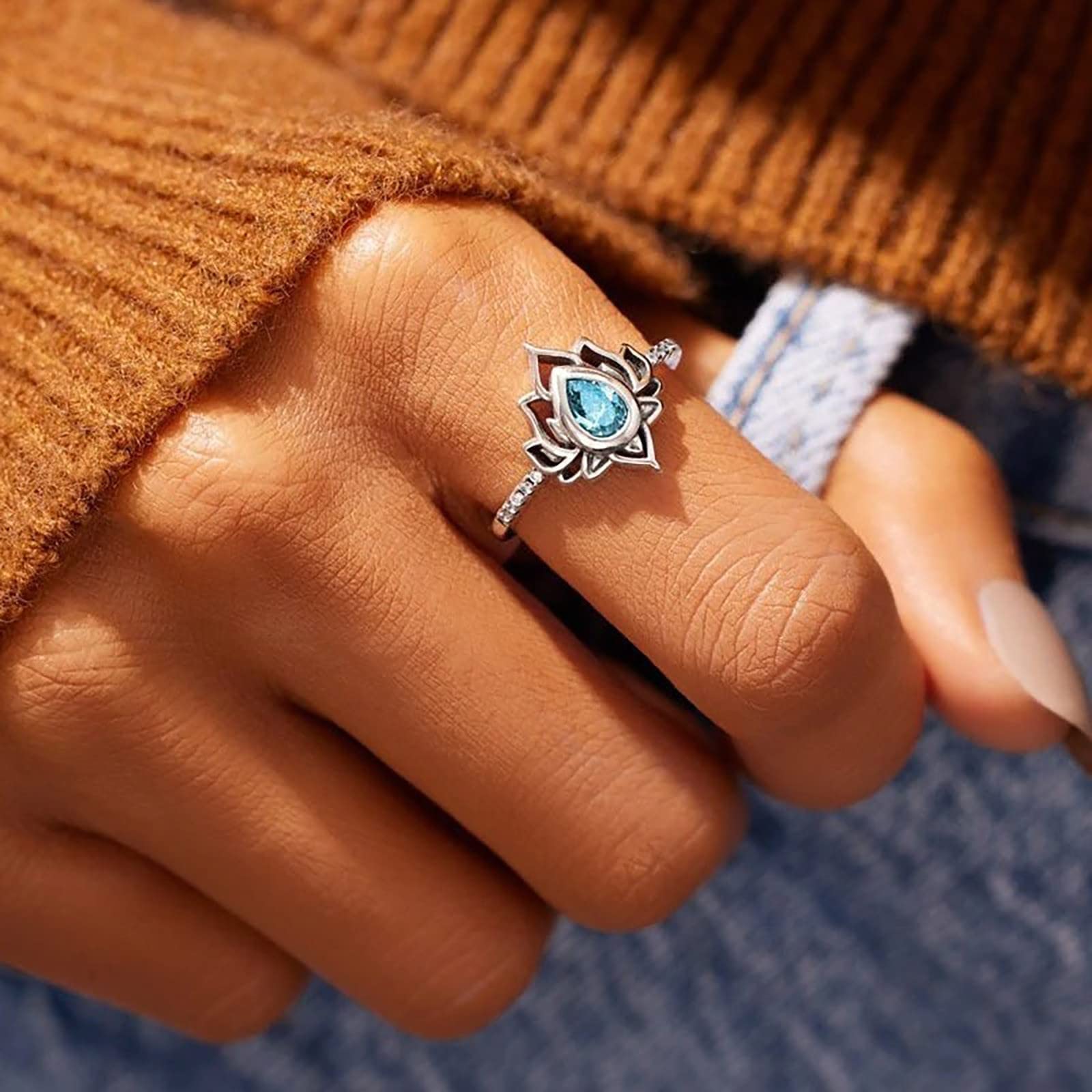 Womens Vintage Lotus Ring with Diamonds Zircon Engagement Ring,Wedding Gift for Loved Ones, Valentine's Day Gift (10, Blue)