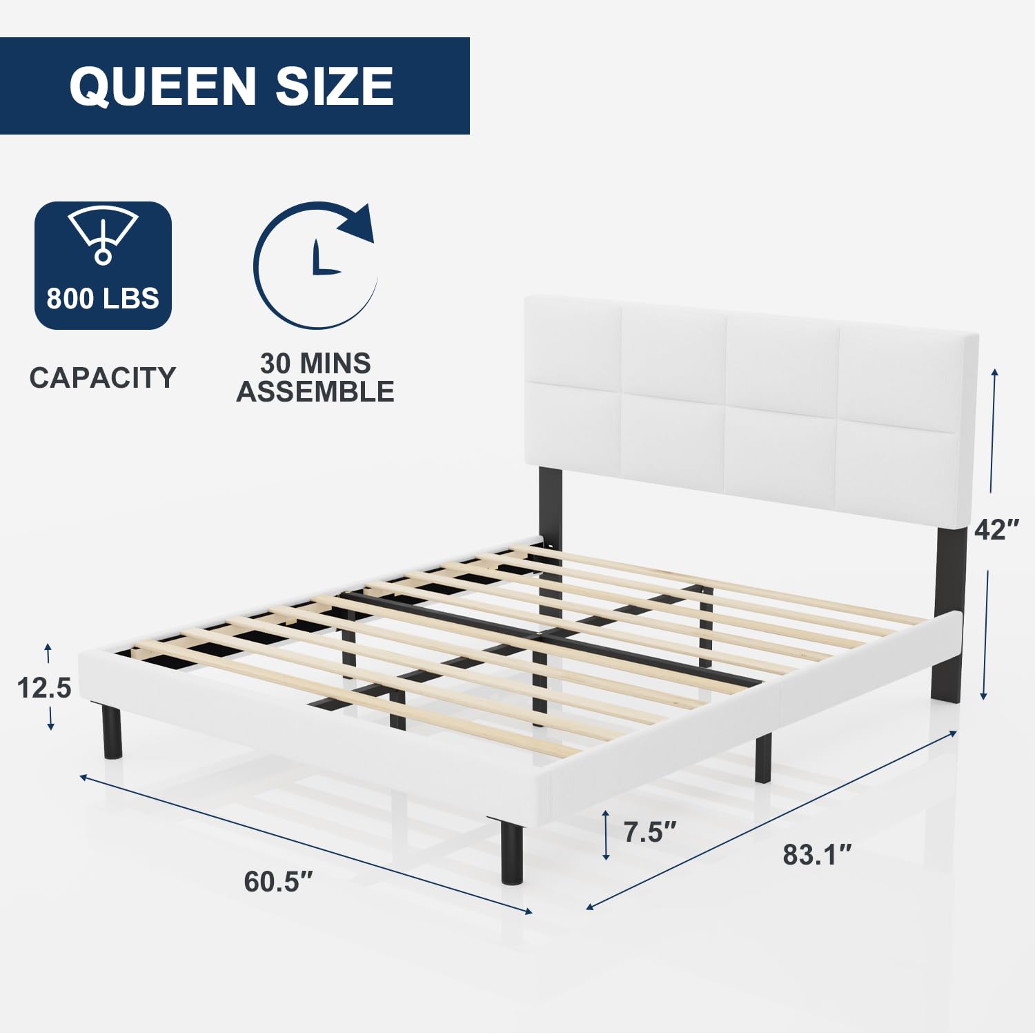 Molblly Queen Size Bed Frame with Upholstered Headboard, Strong Frame, and Wooden Slats Support, Non-Slip and Noise-Free, No Box Spring Needed, Easy Assembly, Off White