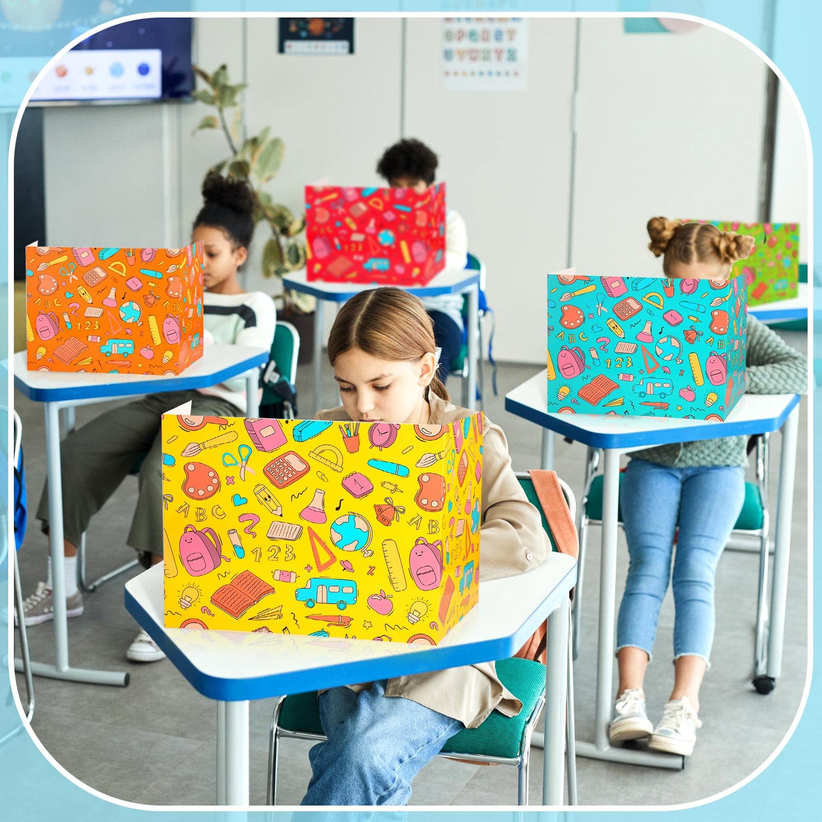 Seajan 50 Pieces Privacy Boards for Student Desk Dividers Privacy Folders Classroom School Privacy Cardboard Board with 50 Pieces Label, Reduce Distractions Keep Eyes from Wandering (Stationery Style)