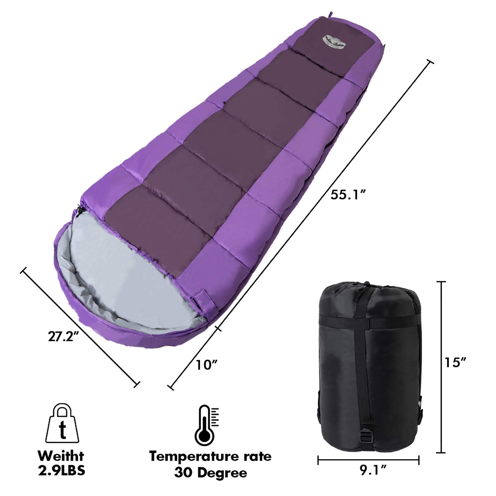 Pacific Pass 30F Synthetic Mummy Sleeping Bag with Compression Stuff Sack - Kids Size - Purple