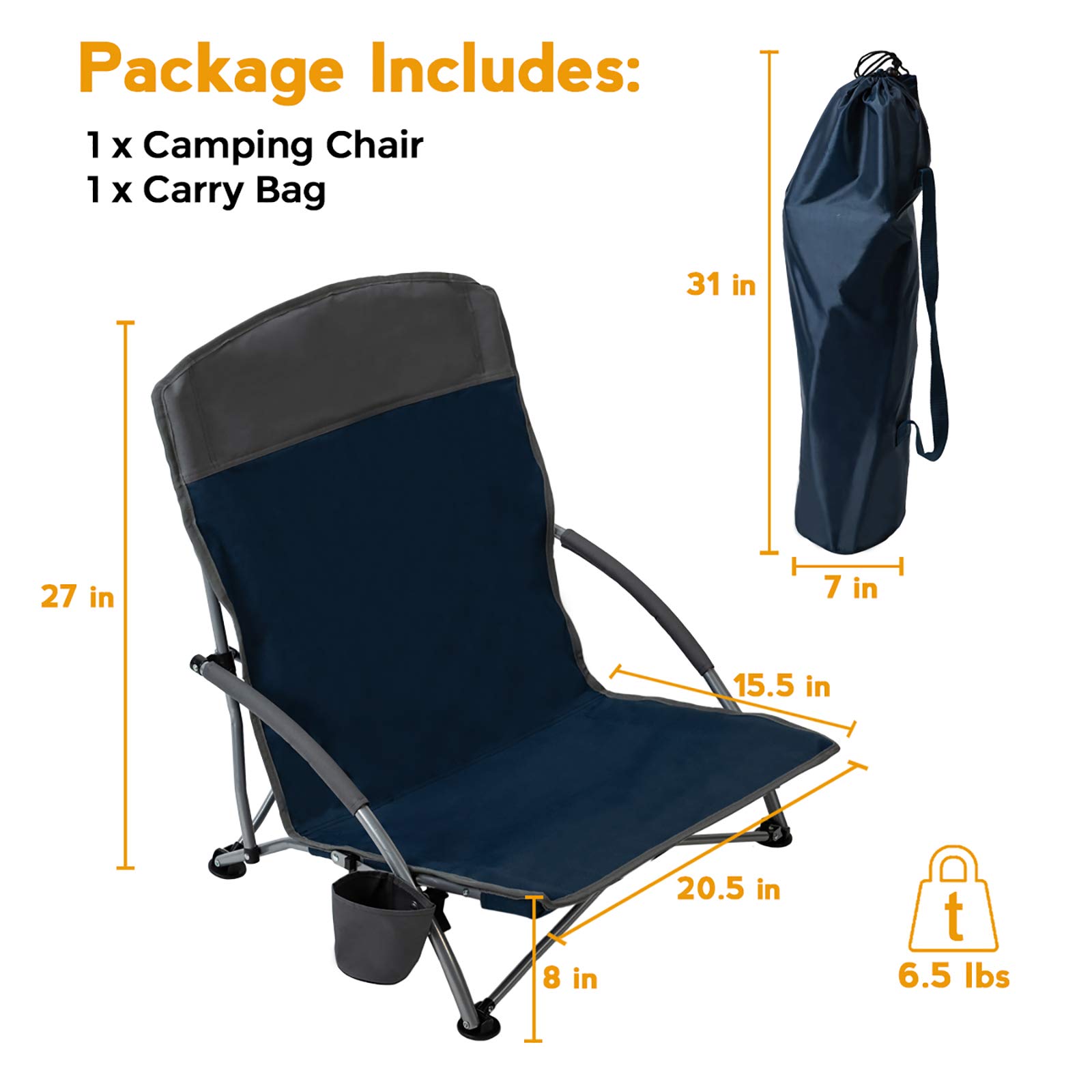 Pacific Pass Lightweight Camp and Beach Chair w/ Built-In Cup Holder, Includes Carry Bag - Navy/Gray