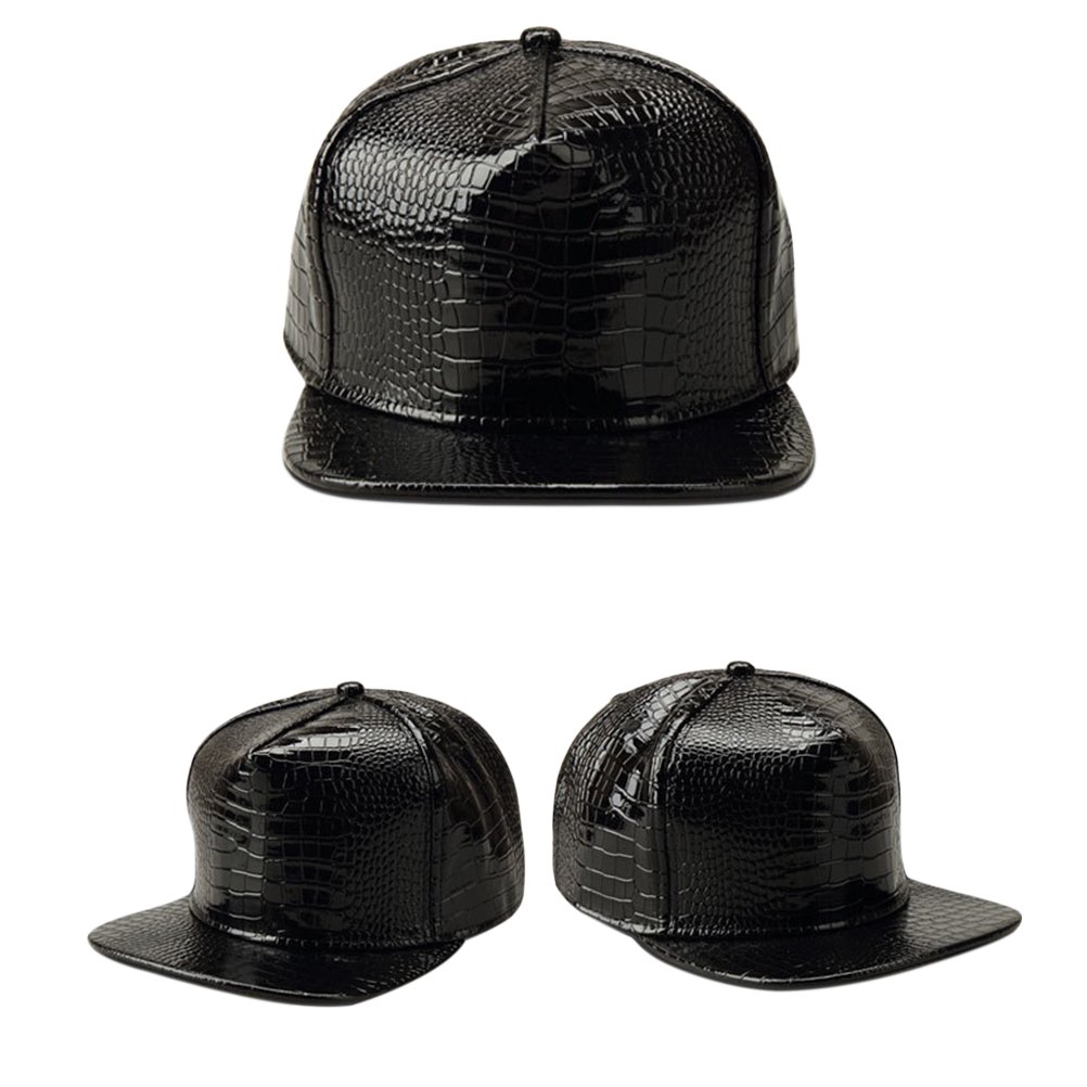 OULII Unisex Crocodile Baseball Caps PU Leather Adjustable Hip Hop Flat Brim Hats Snapback Cap (Black)