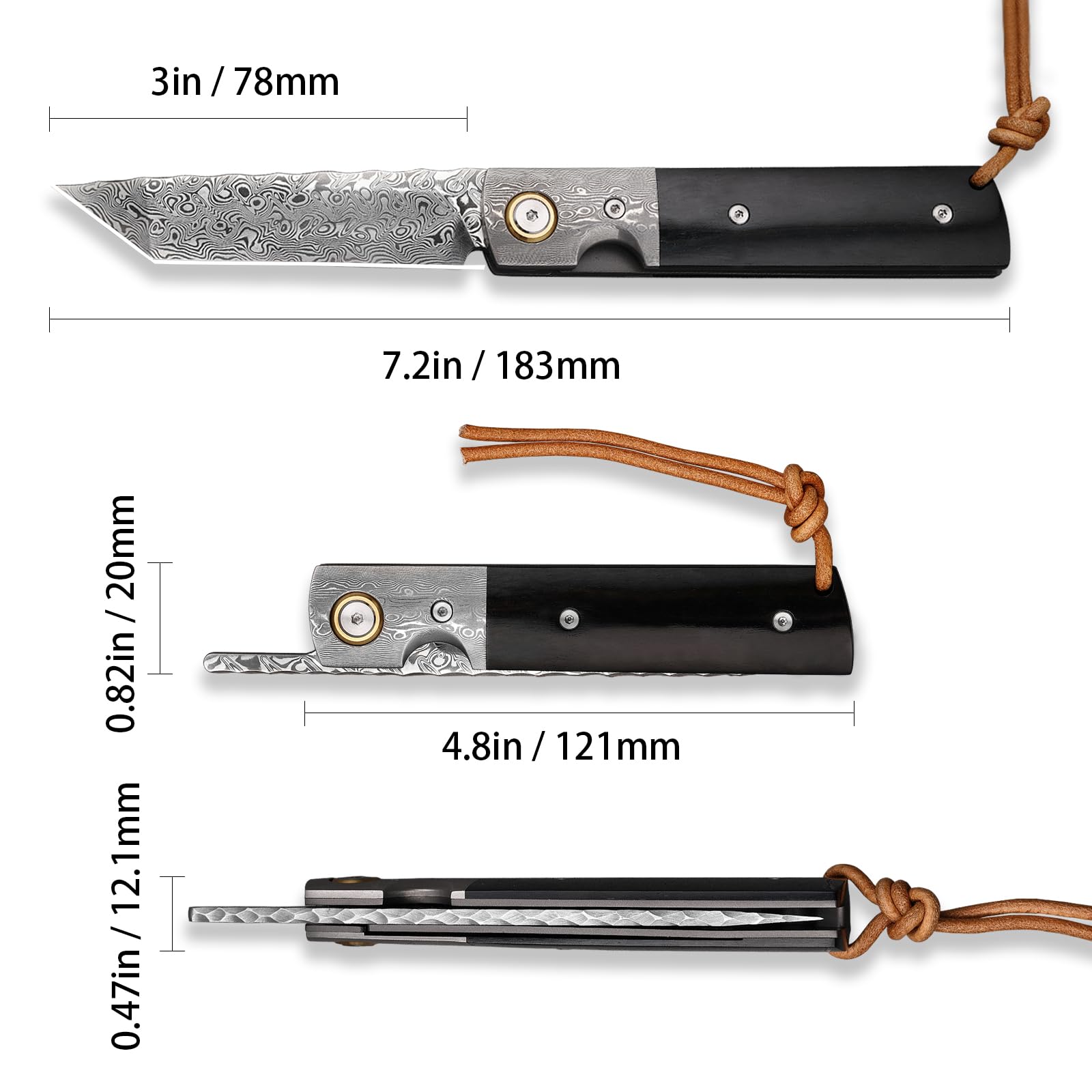 MINOWE Japanese Damascus steel steel pocket knife，Handmade 3-inch high hardness sharp blade，With Leather Sheath ，Ceramic steel ball bearings+Frame Lock ，Cowbone handle，for home and outdoor Folding Pocket Knife