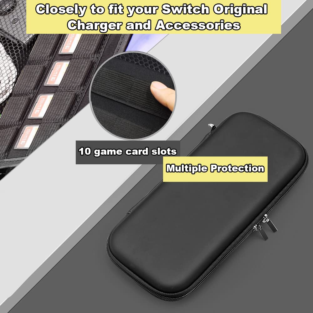 Switch Carrying Case Compatible with Nintendo Switch and New Switch OLED Console, Portable Hard Shell Pouch Carrying Travel Game Bag for Switch Accessories Holds 10 Game Cartridge, Black