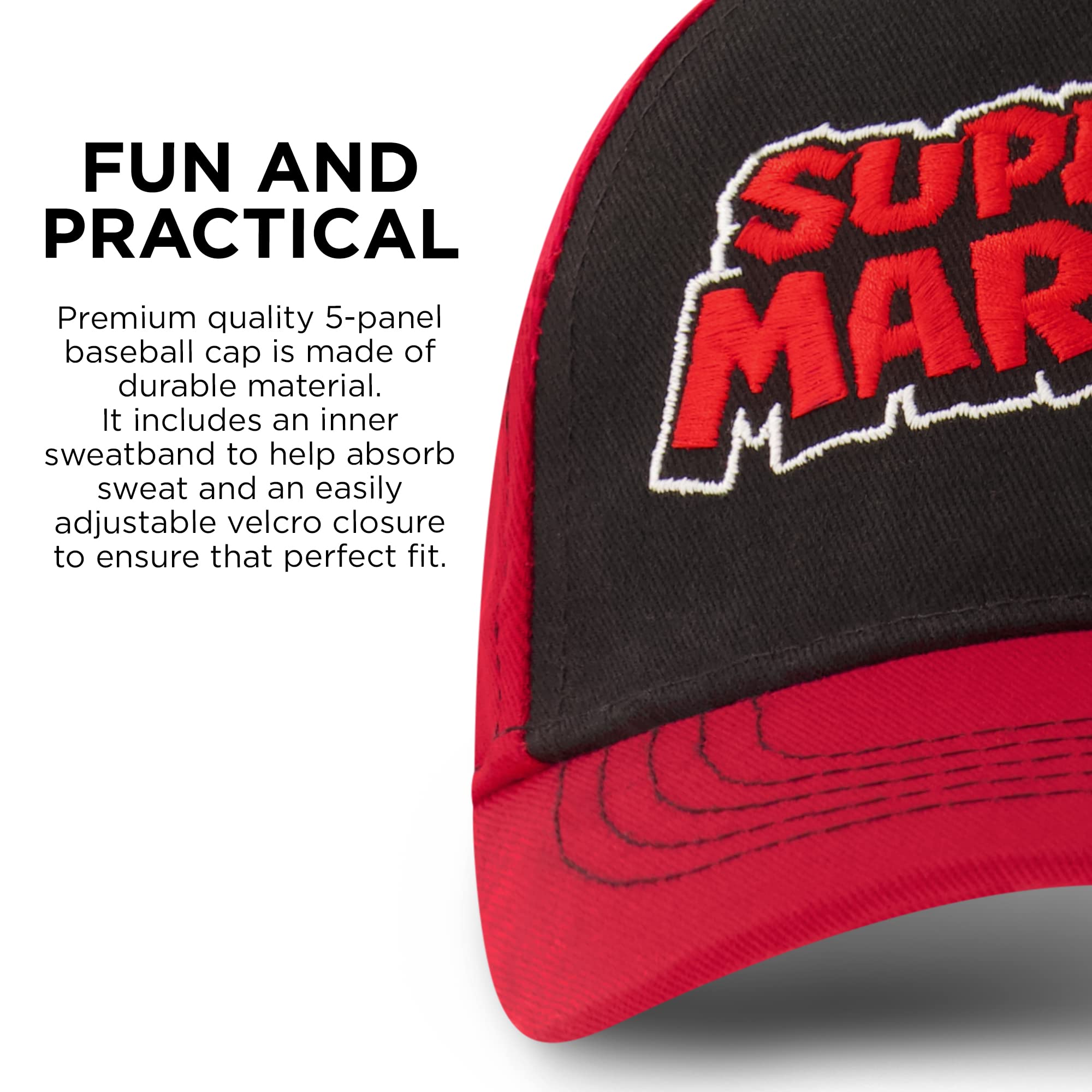 Nintendo Boys Baseball Cap, Super Mario Adjustable Kids Hat for Ages 4-7 Red/Black