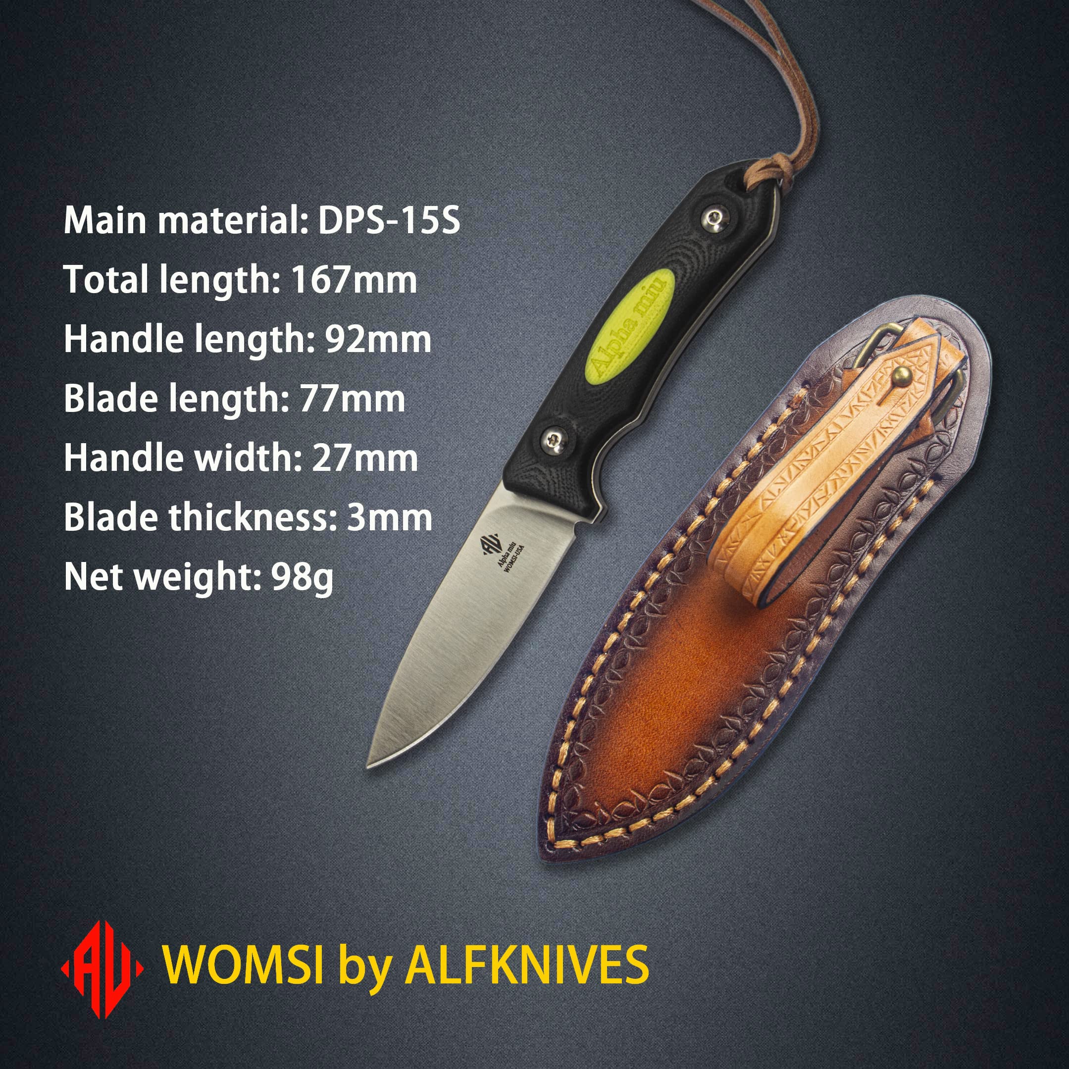 WOMSI Hunting Knife,Full Tang 6.57",DPS15-S Power Steel Blade,Sonorous&durable G10 Handle with Leather Sheath(Black)