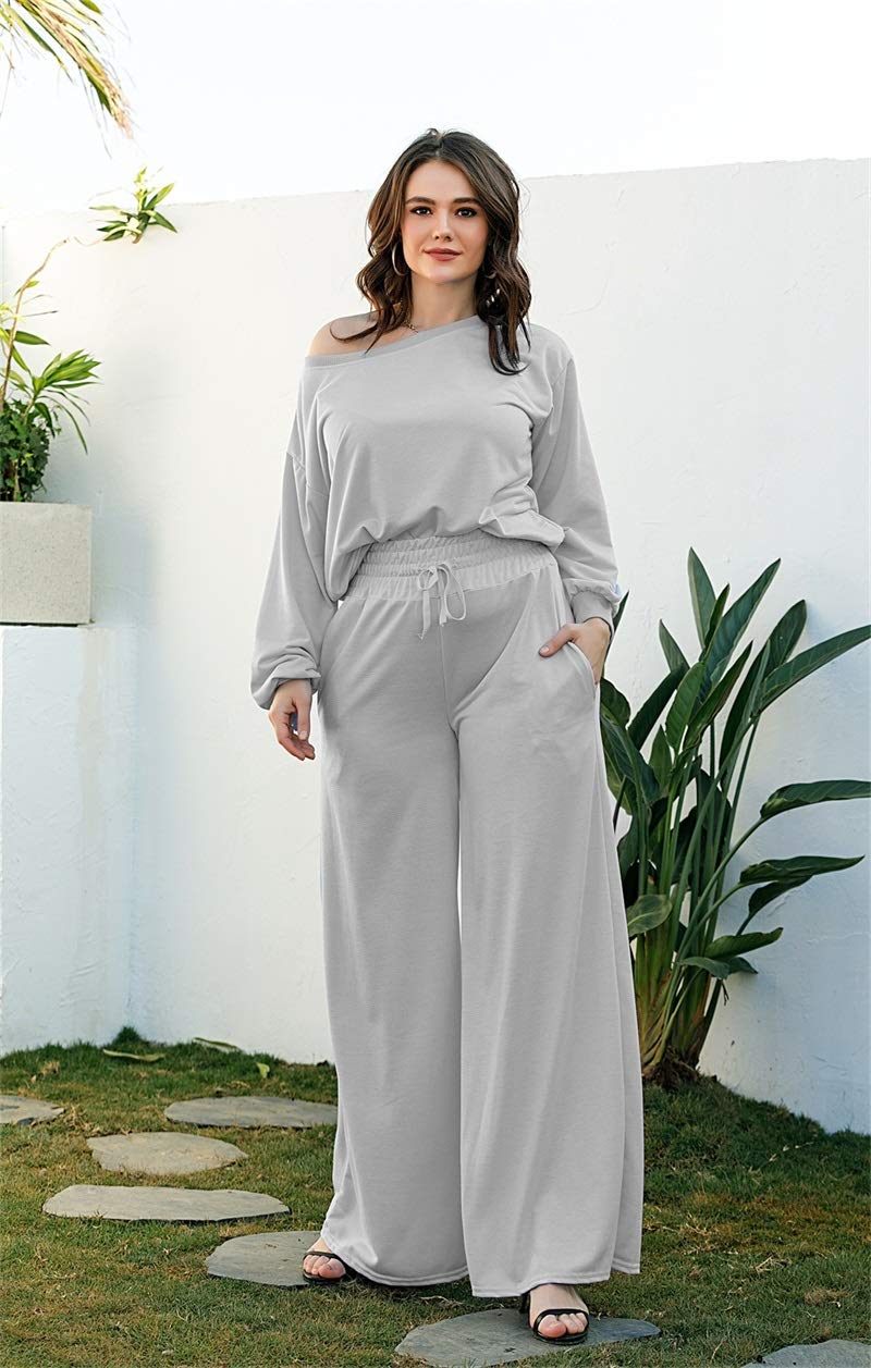 Molilove Women's Solid Sweatsuit Set 2 Piece Long Sleeve Pullover and Drawstring Sweatpants Workout Outfits Sets (Grey, M)