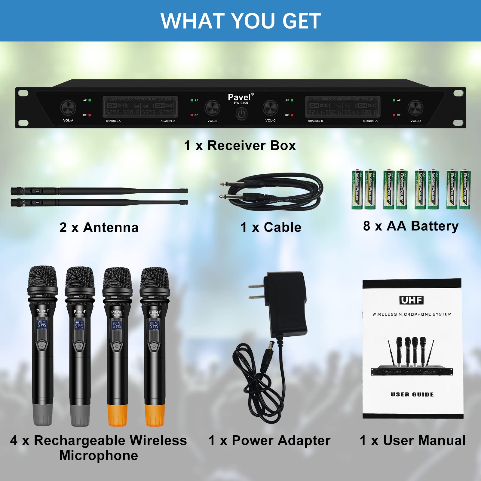 Wireless Microphone System, Pro Quad Channels UHF Karaoke Microphone Wireless, Auto Scan, Adjustable Frequency, 328ft Range, Wireless Mic for Church, Karaoke, Singing, Wedding, Speech, DJ, Outdoor