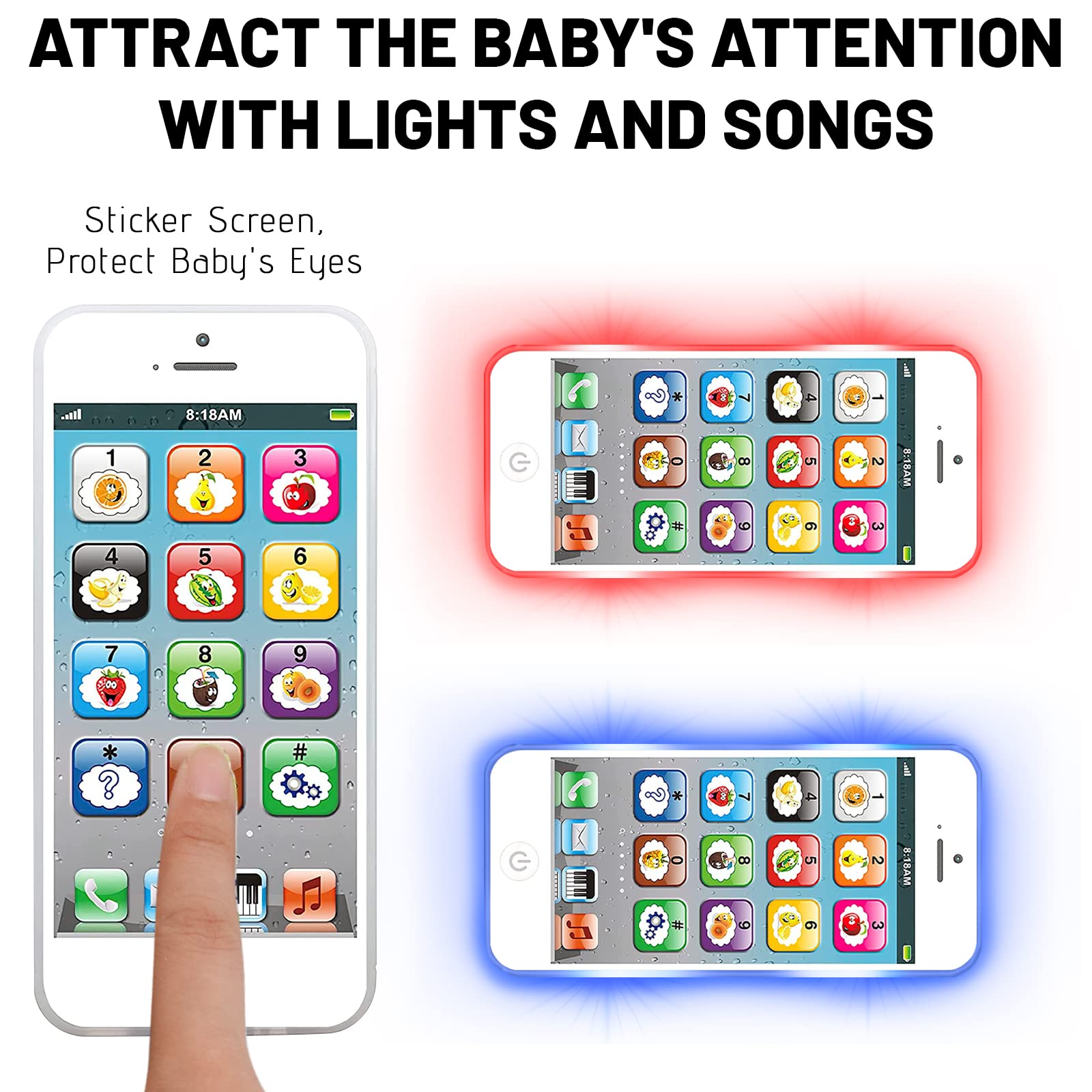 Wolmund Toy Learning Play Cell Phone with 8 Functions and Dazzling Lights for Toddler Baby Kids 12-18 Months Ages 1-3 Year Old, White3