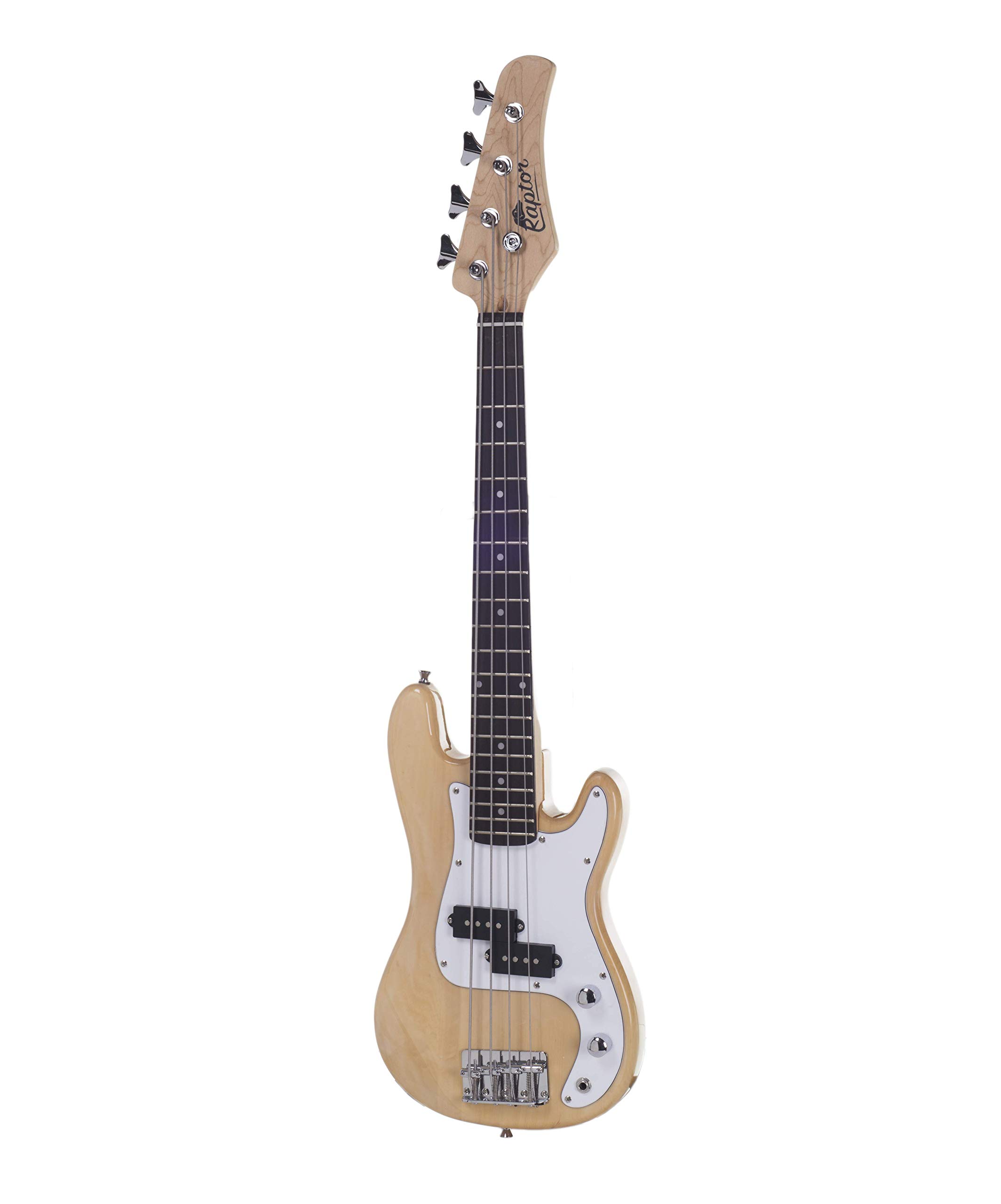 RAPTOR 38 Inch Kids Child 4 String Electric P Bass Package - NATURAL with 5W Amp, Gig Bag, Strap, Cable, Picks