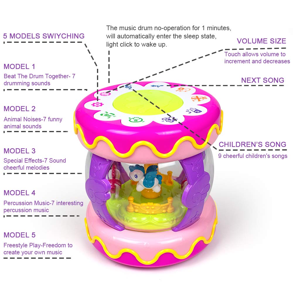 Musical Toys Carousel Hand Drum Instruments Lights Up Toy Early Educational Learning Development Toy for Baby Toddler for Boys and Girls