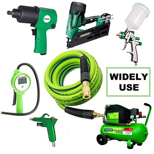 YOTOO Air Hose 1/4 in x 25 ft, Heavy Duty Hybrid Air Compressor Hose, Flexible, Lightweight, Kink Resistant with 1/4" Industrial Quick Coupler Fittings, Bend Restrictors, Green+Blue