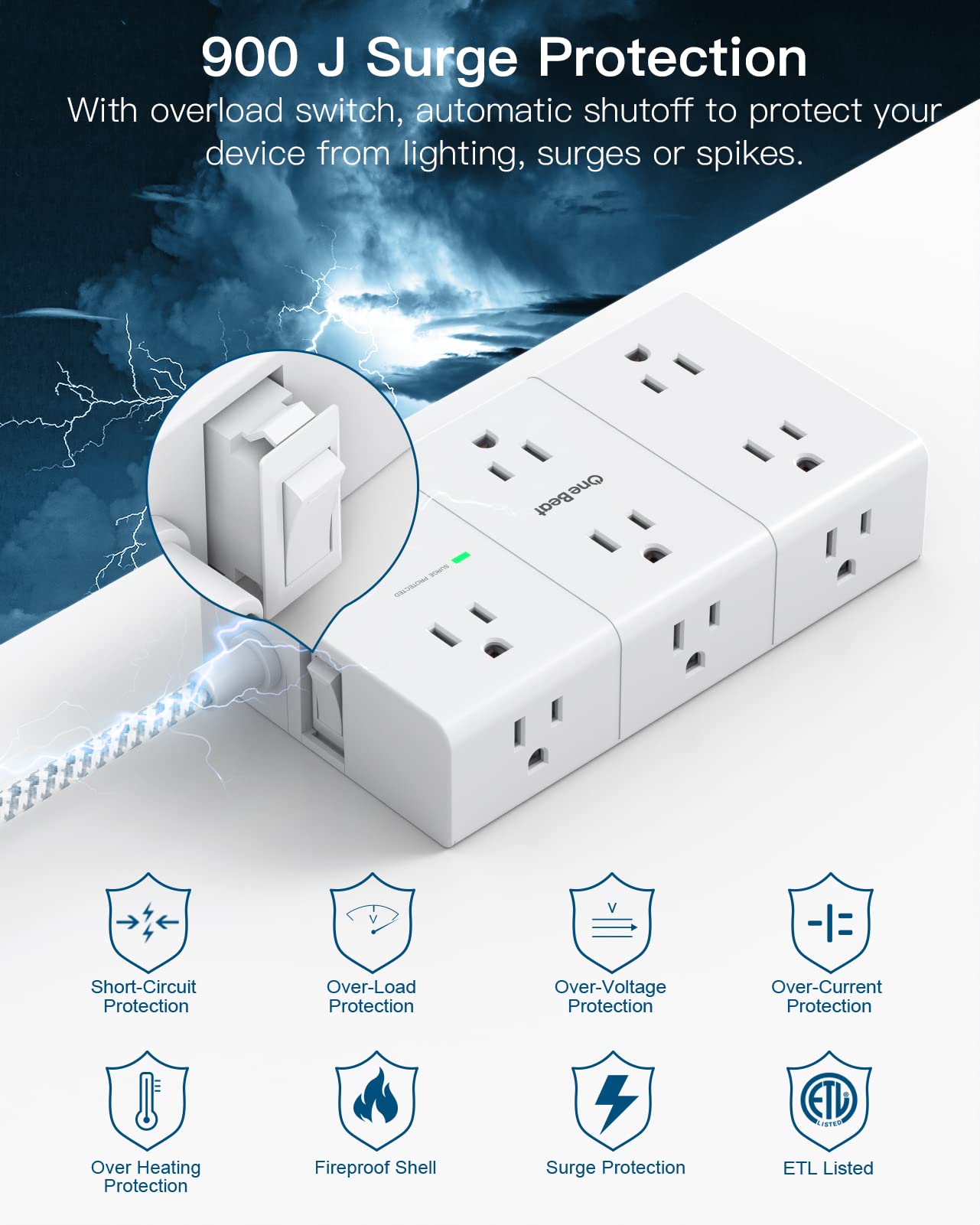 Surge Protector Power Strip - 3 Side 12 Widely AC Outlets 4 USB Ports, 6 Ft Long Braided Flat Plug Extension Cord with Multiple Outlets, Plug Extender, Wall Mount for Home Office