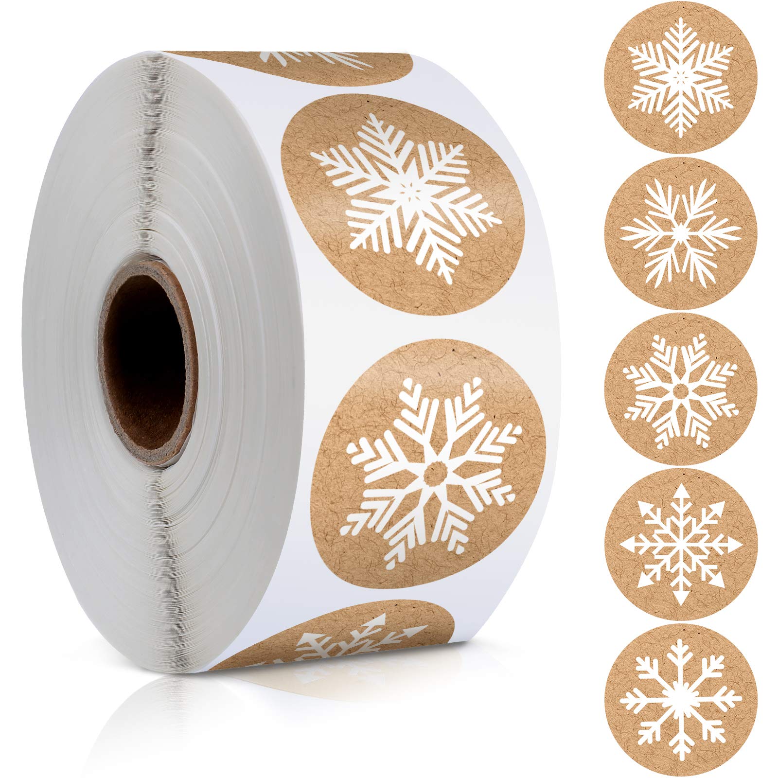 Outus 1000 Pieces Multiple Snowflakes Christmas Stickers Natural Kraft White Snowflake Stickers Seal Snowflake Label for Bags Envelopes Bubble Mailers, 5 Designs