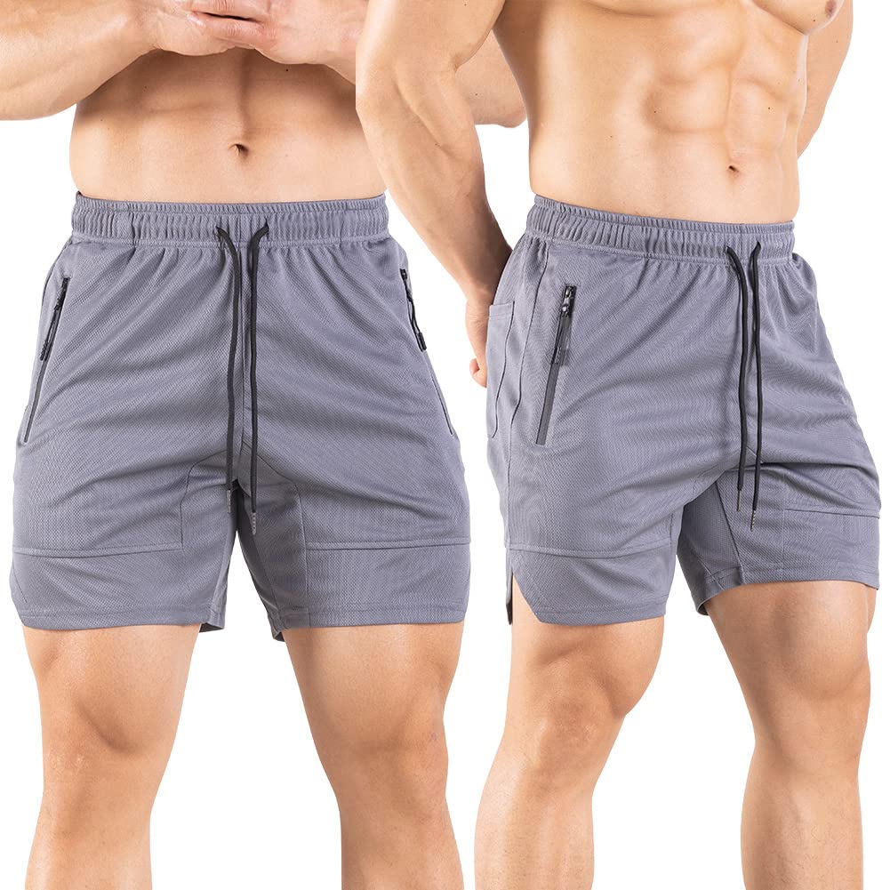VPOS Men's 5" Gym Workout Shorts with Zipper Pockets,Dry Fit Mens Mesh Athletic Shorts for Running Bodybuilding and Training Black/Gray,Medium