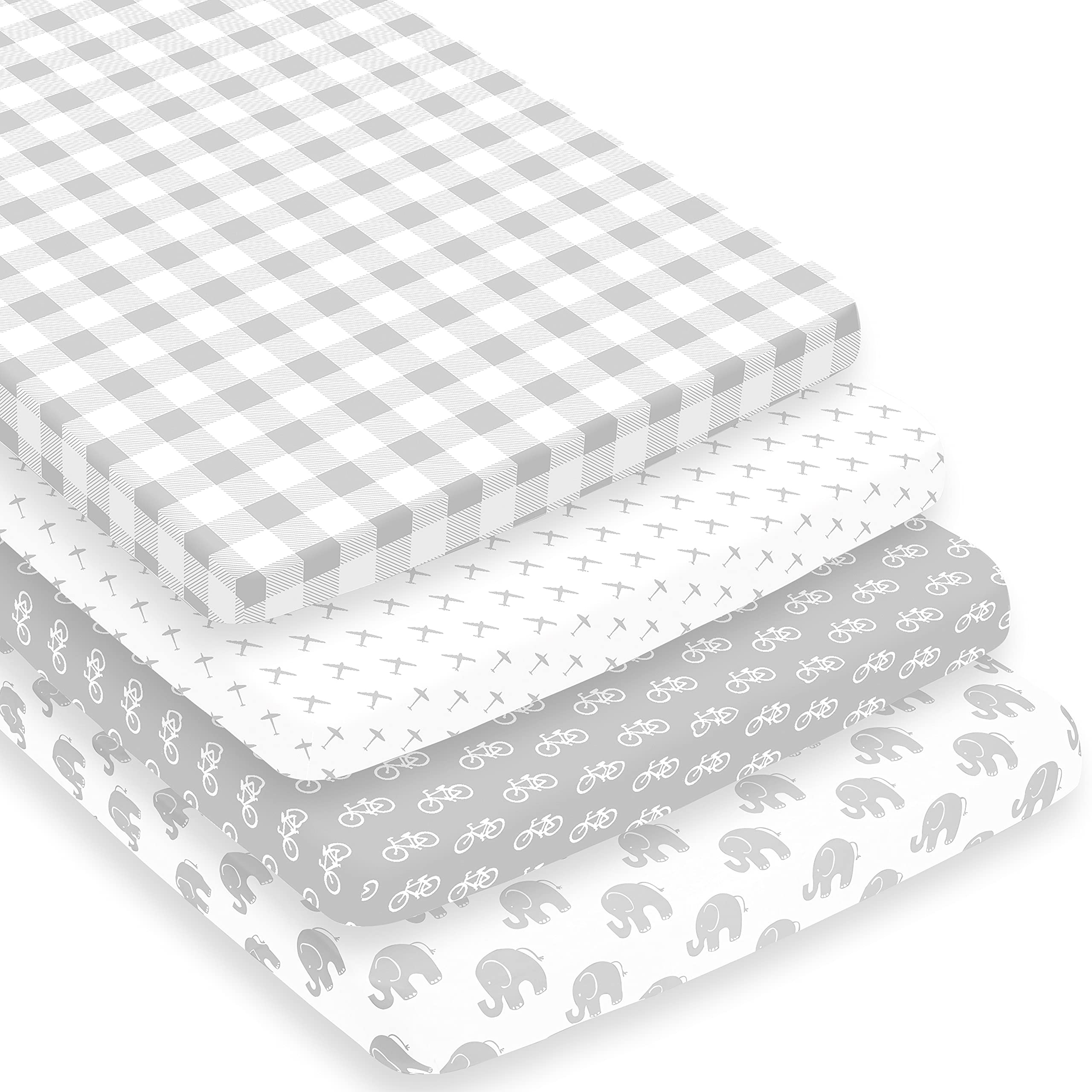 Pack n Play Sheets – Pack and Play Sheets 4 Pack – 100% Super Soft Jersey Knit Cotton Playard Mattress Sheets – Portable Playpen Sheet – Fitted Play Yard Mini Crib Sheets for Boy & Girl (24 x 38 x 5)