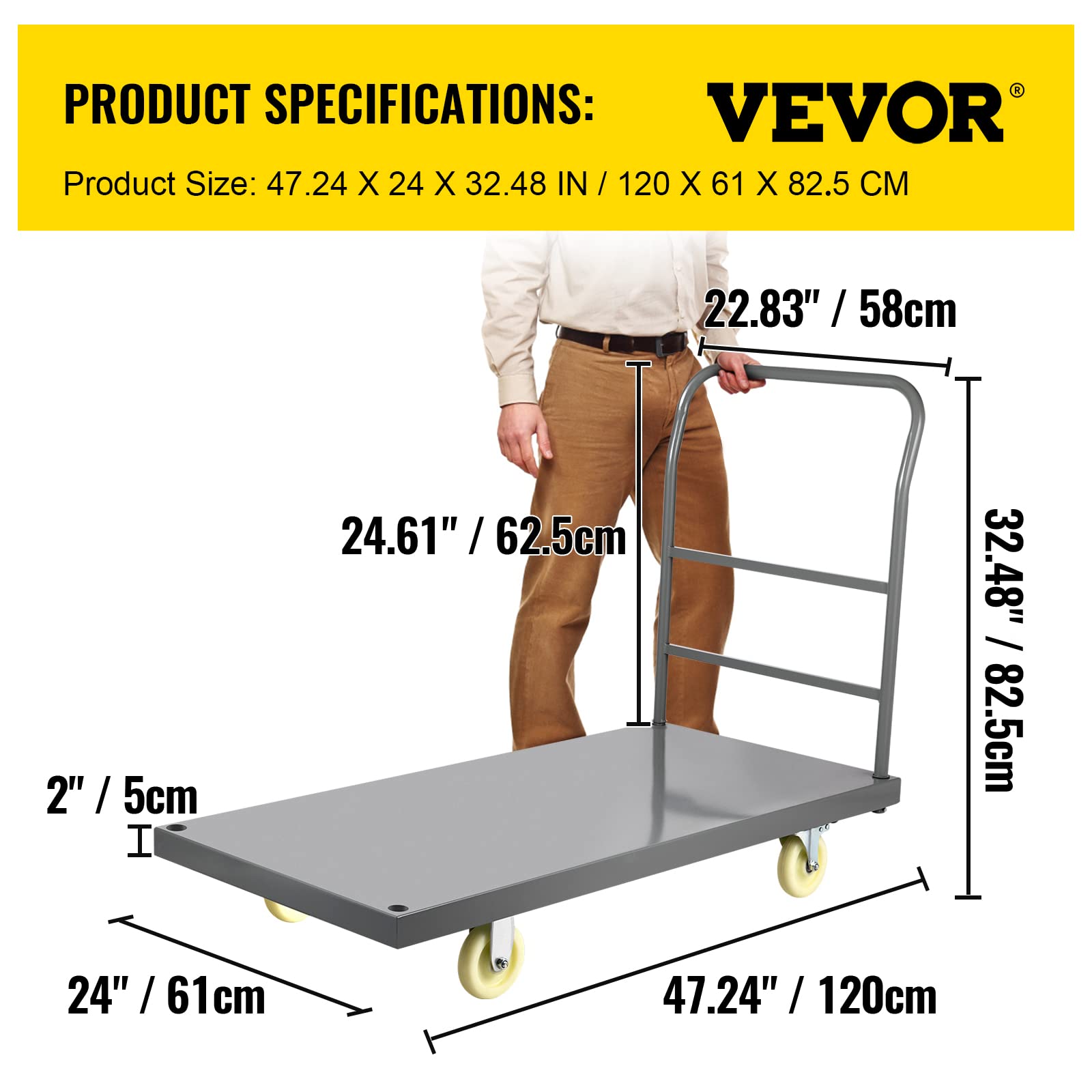 VEVOR Heavy-Duty Platform Truck, 2000 LBS Steel Flatbed Cart, 47" L x 24" W x 32" H Flat Dolly, Hand Trucks with 5" Nylon Casters, Movable Utility Push Carts for Luggage Moving, Shopping