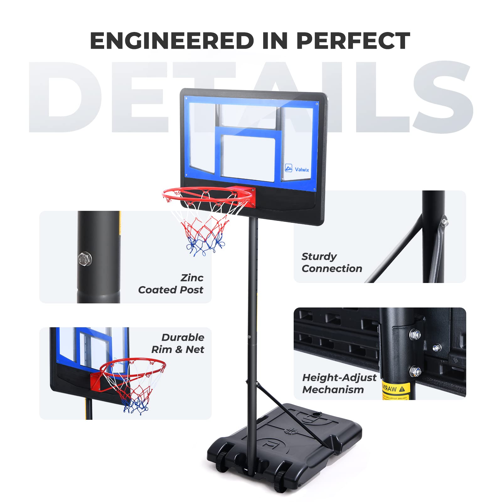 Valwix Swimming Pool Basketball Hoop with Base 47''-59'' Adjustable Height Poolside Basketball Hoop for Pool with 2 Balls and Pump