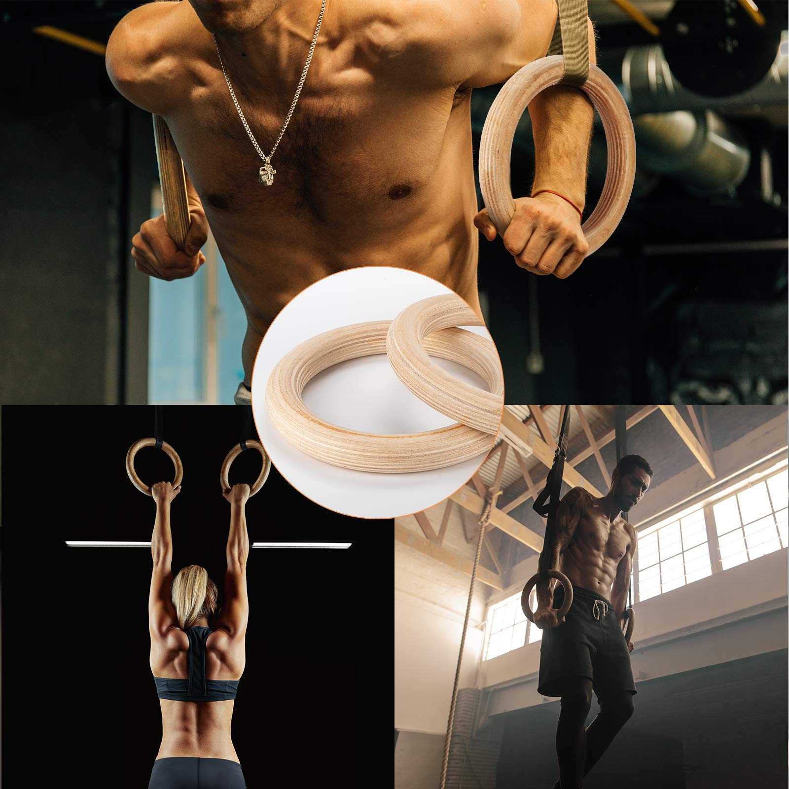PACEARTH Wood Gymnastics Rings 992lbs for Home Gym Body Workout Non-Slip (Rings Only)