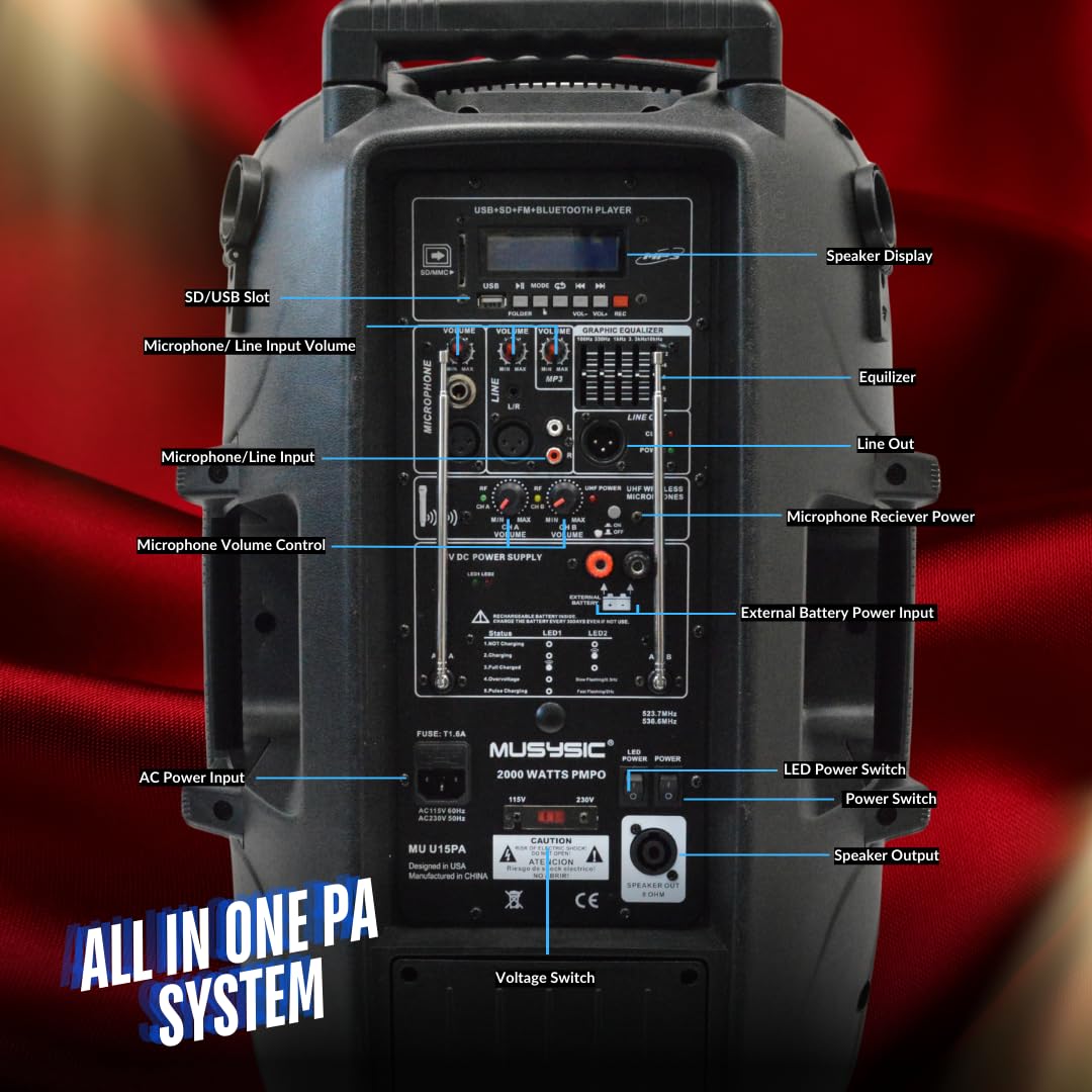MUSYSIC PA Power Bluetooth Speaker 2000W with Dual UHF Wireless Microphones Bluetooth/FM/USB/SD PA System 15” Speaker with Rechargeable Battery MU-U15PA