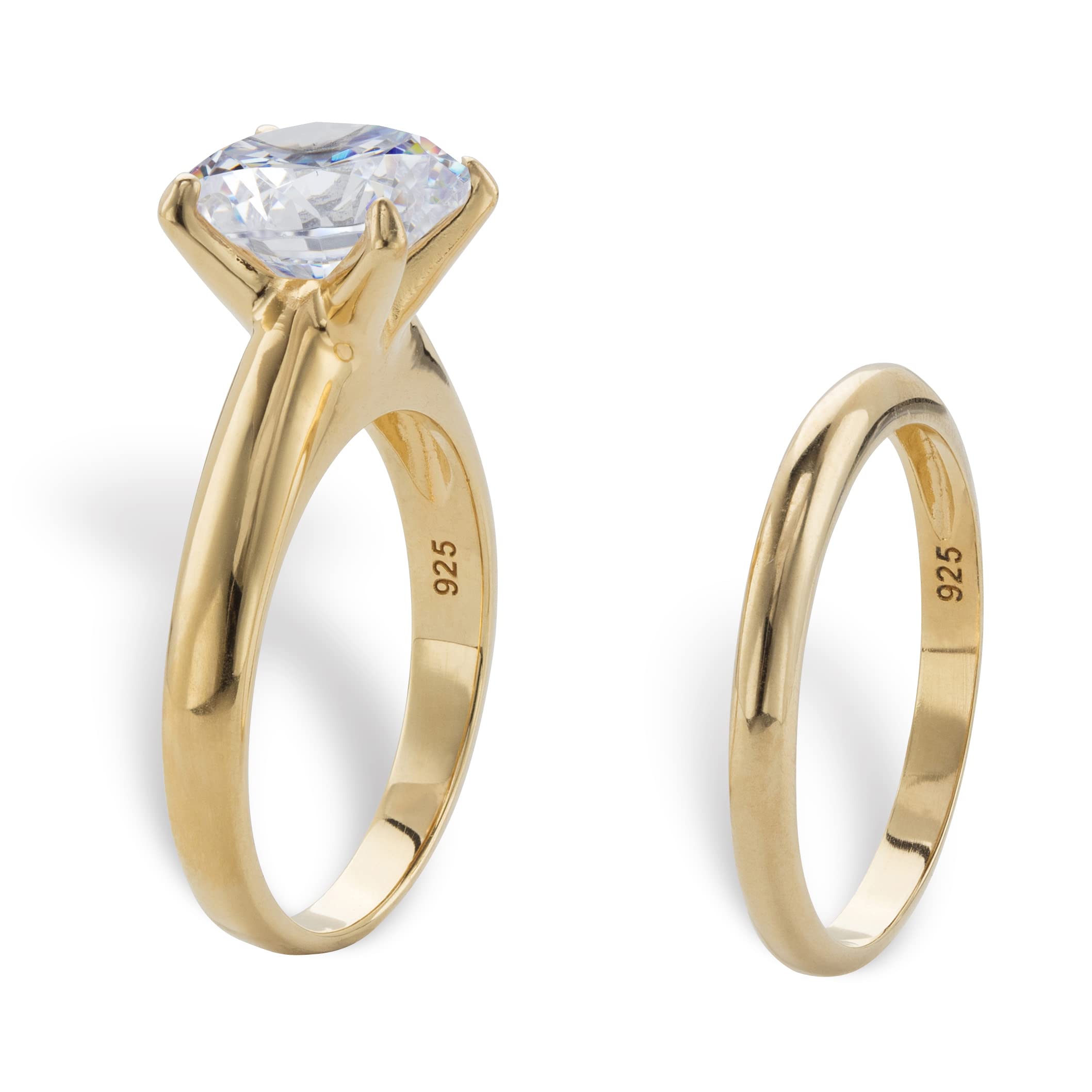 PalmBeach Yellow Gold-Plated or Platinum-Plated Sterling Silver Round Cubic Zirconia 2 Piece Solitaire Bridal Ring Set Size 8