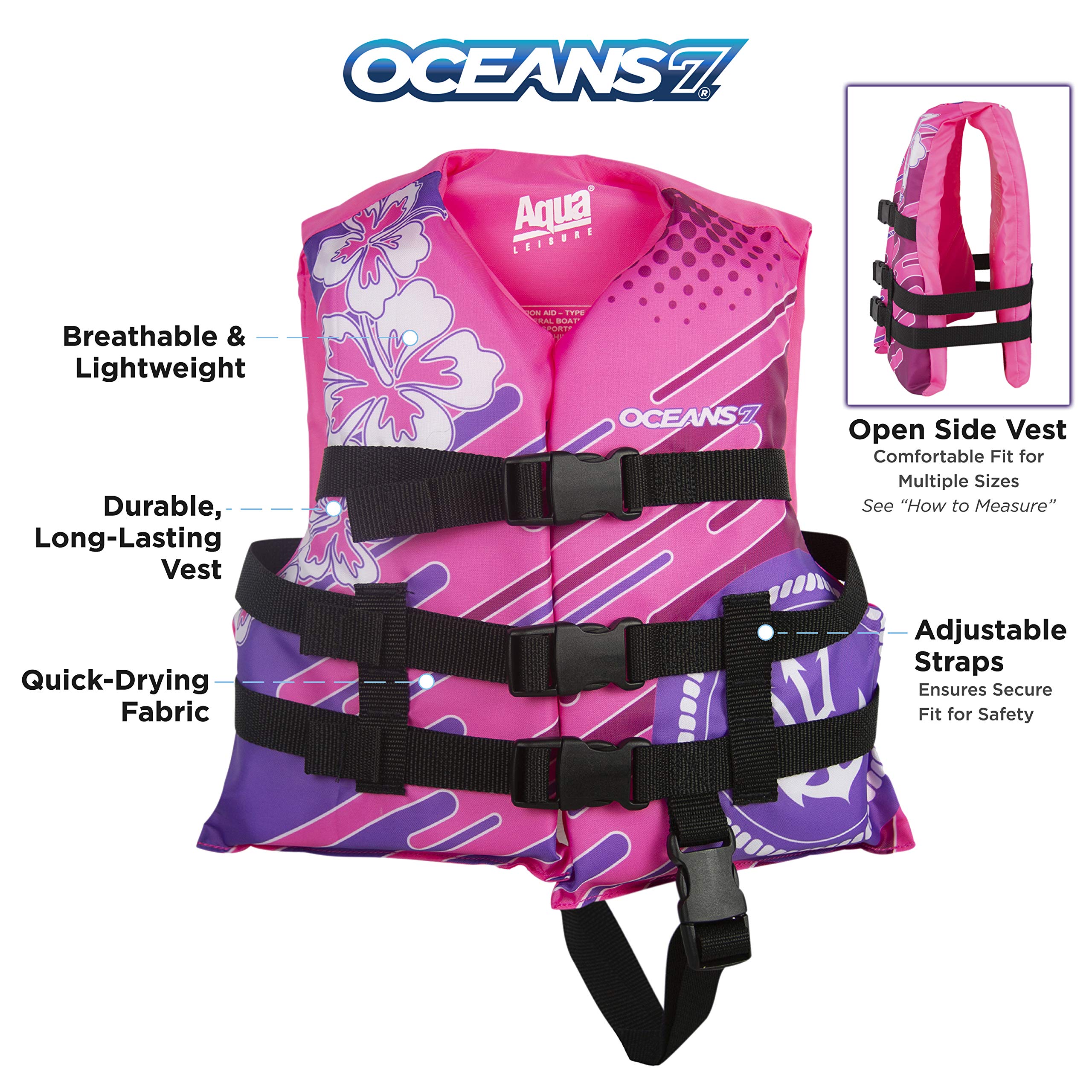 Oceans7 US Coast Guard-Approved, Type III β Kids Life Jacket β Personal Flotation Device with with Comfortable Flex-Form-Fit Open-Sided Design β Pink/Berry