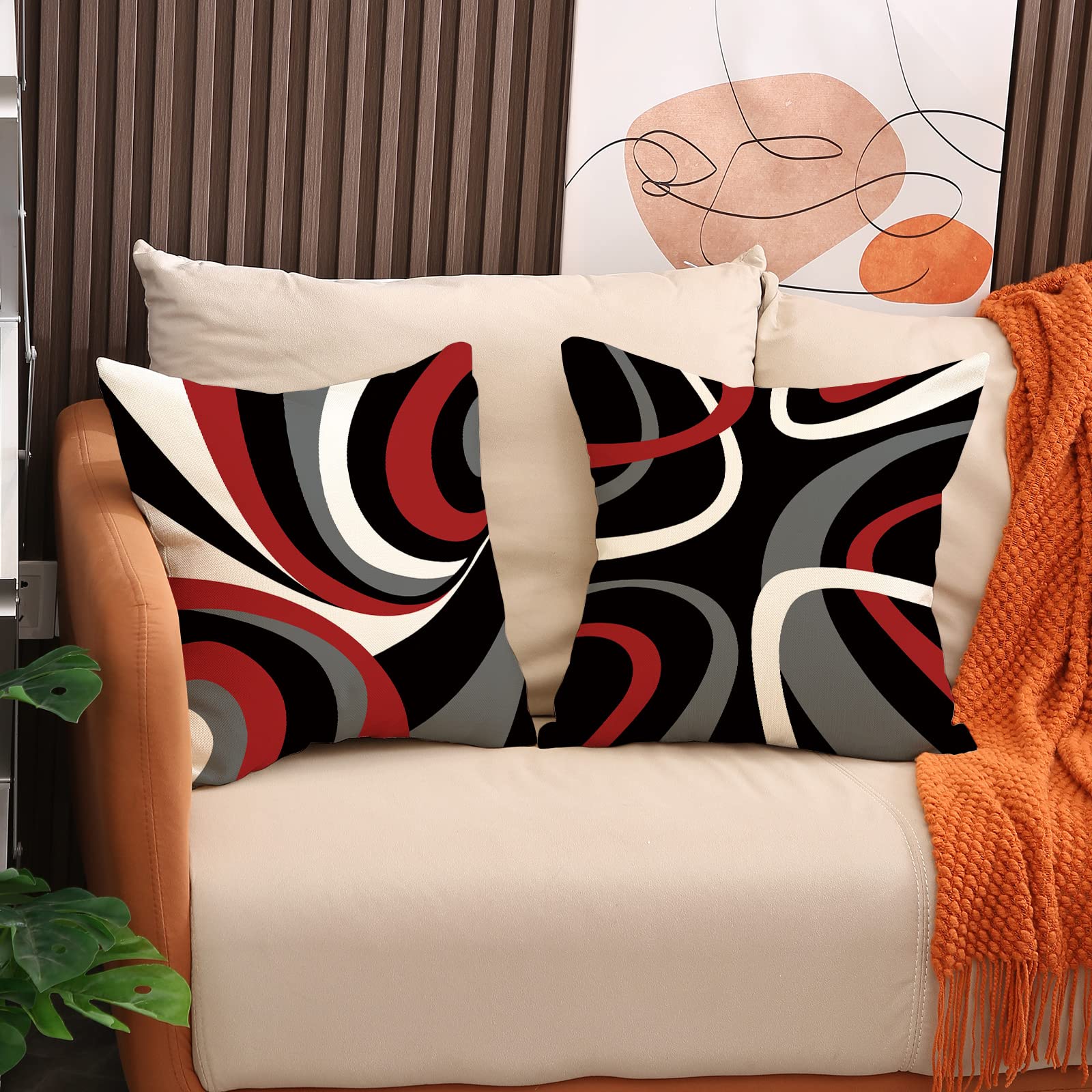 Mologle Red and Black Throw Pillow Covers 18x18 Set of 4,Grey Modern Abstract Pillowcases,Gray Geometric Circle Pattern Decor for Sofa Couch Living Room Bedroom Home Outdoor
