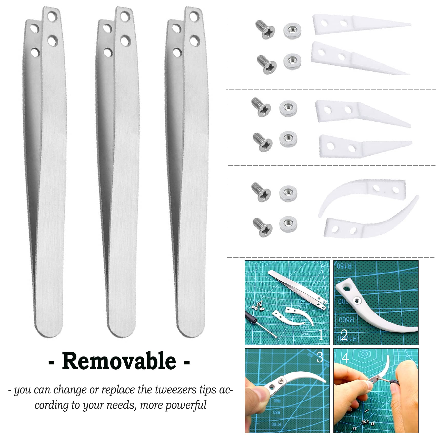 Muye 3Pcs Silver Ceramic Tweezers Non-Conductive Heat Resistant Tweezers Straight, Small Curved, Large Curved Tip Anti-Static Electronic Tweezers for Precision Parts